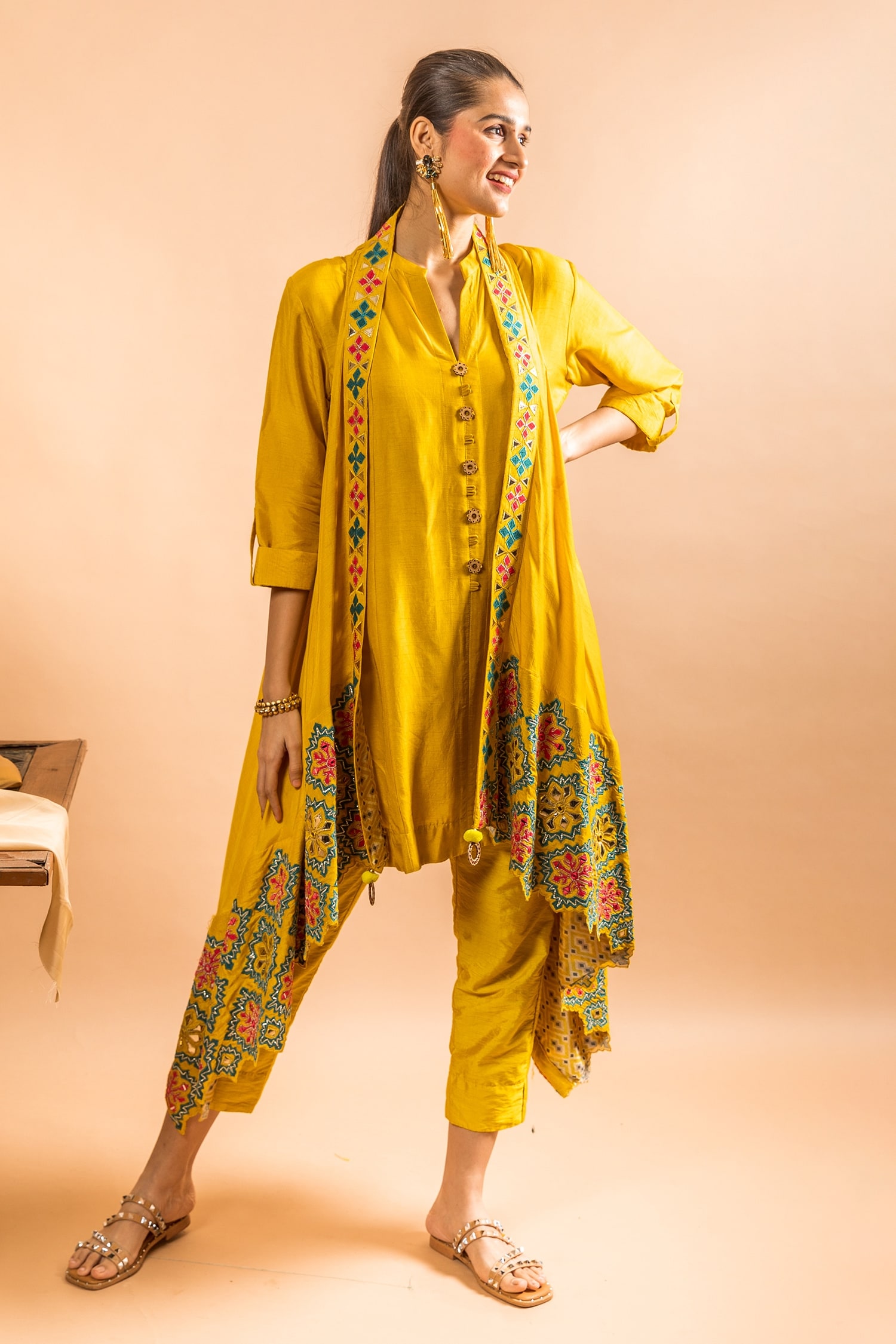 Buy Sunita Nagi Yellow Dupion Applique Embroidered Jacket Pant Set ...