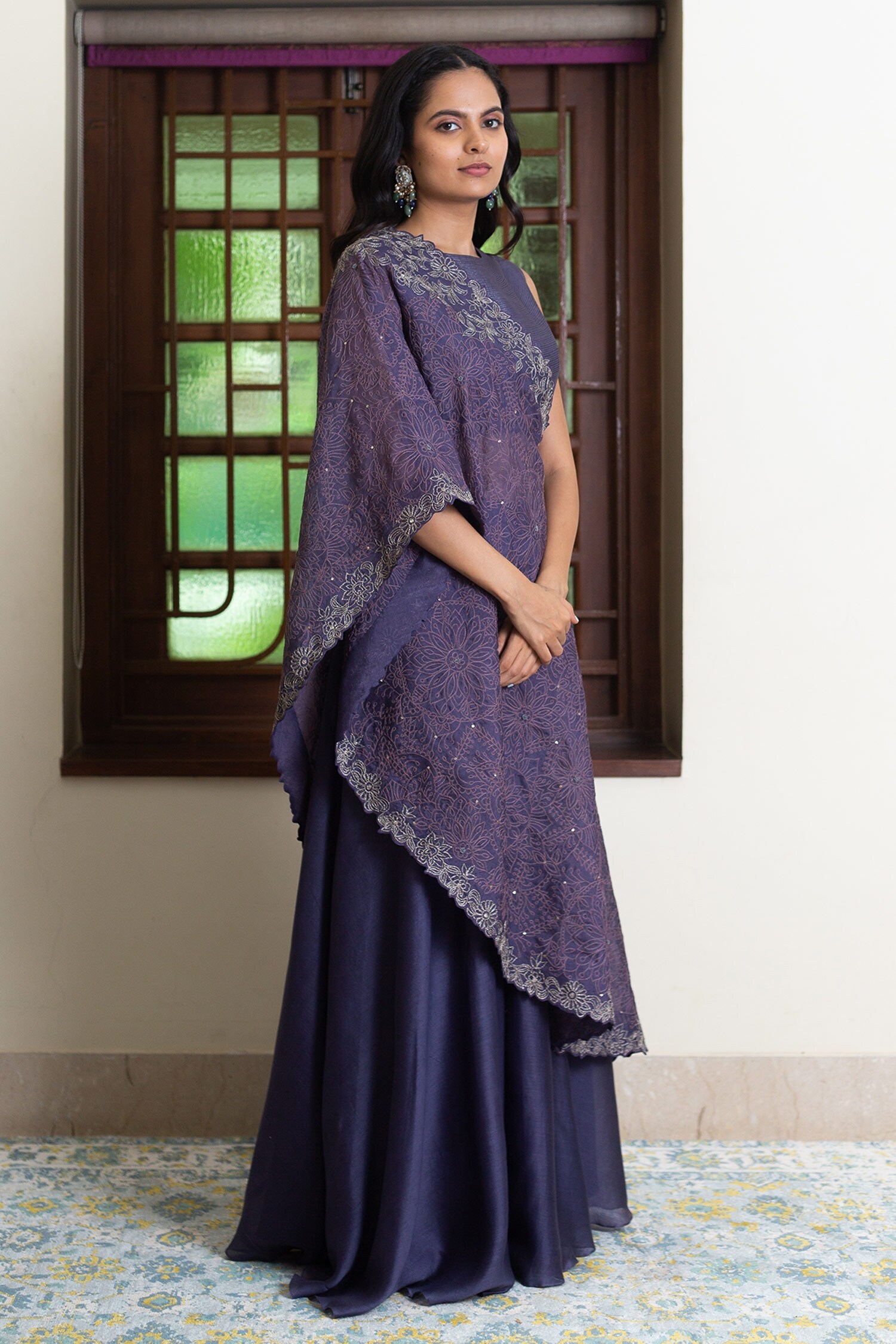 Buy Purple Embroidered Resham Work Round Neck Pant Set With Drape For ...