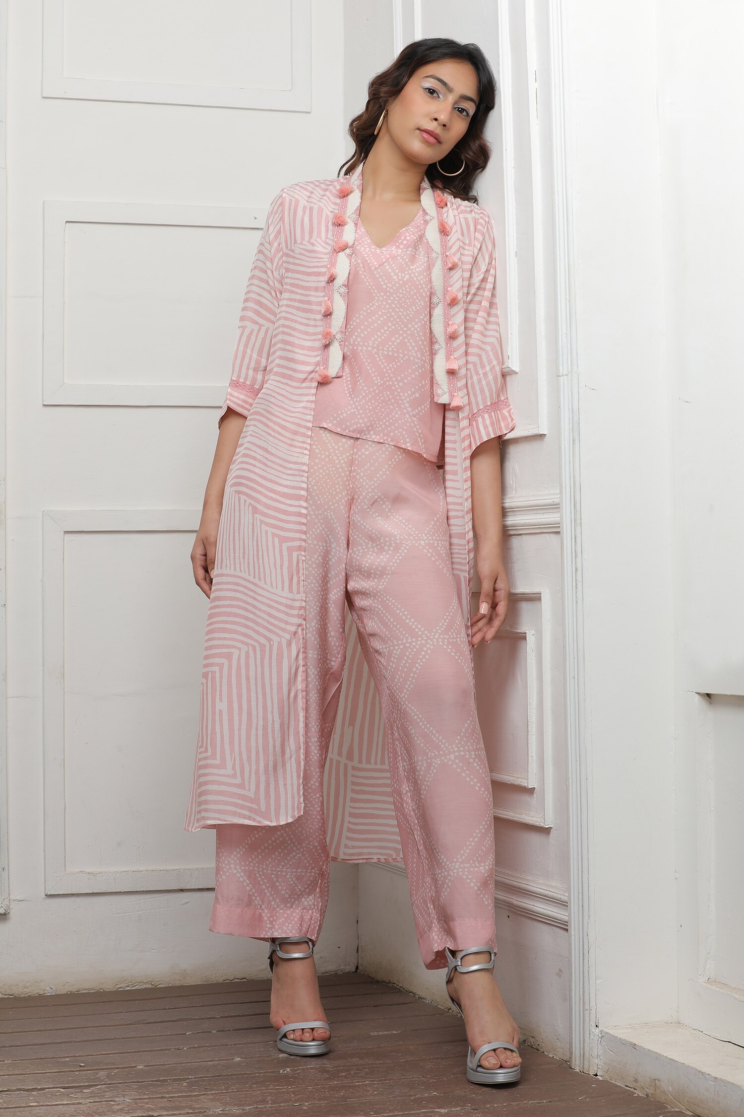Buy Pink Cotton Silk Striped And Polka Pattern Jagged Jacket & Pant Set ...