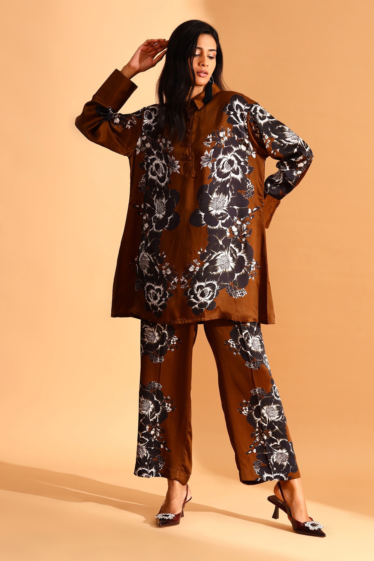 Buy Moh India Brown Cupro Placement Floral Print Shirt Online | Aza ...
