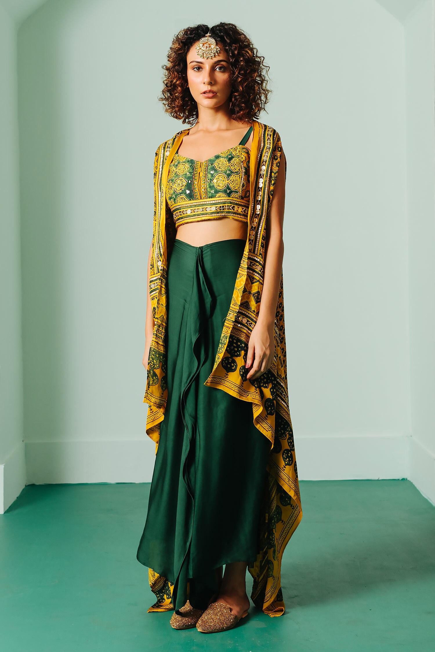 Buy Yellow Satin Hand Block Printed Ajrakh Cape And Draped Skirt Set ...