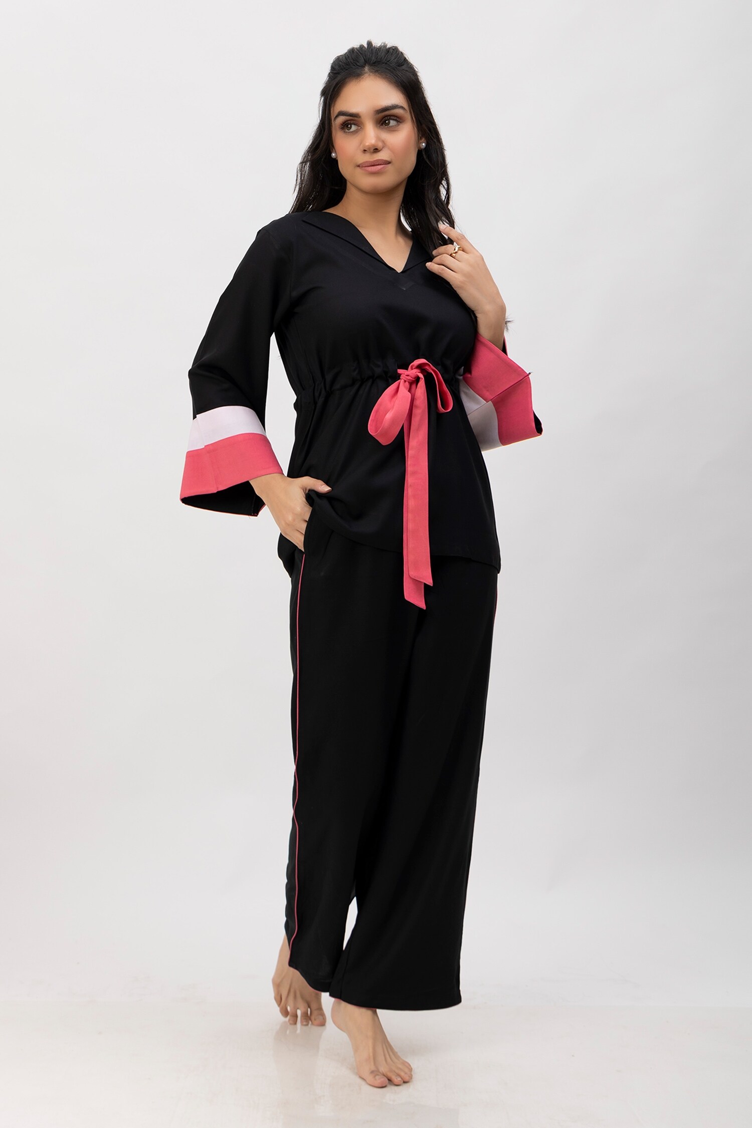 Buy Dawn And Dusk Black Cotton Bella Knotted Top And Pyjama Set Online ...
