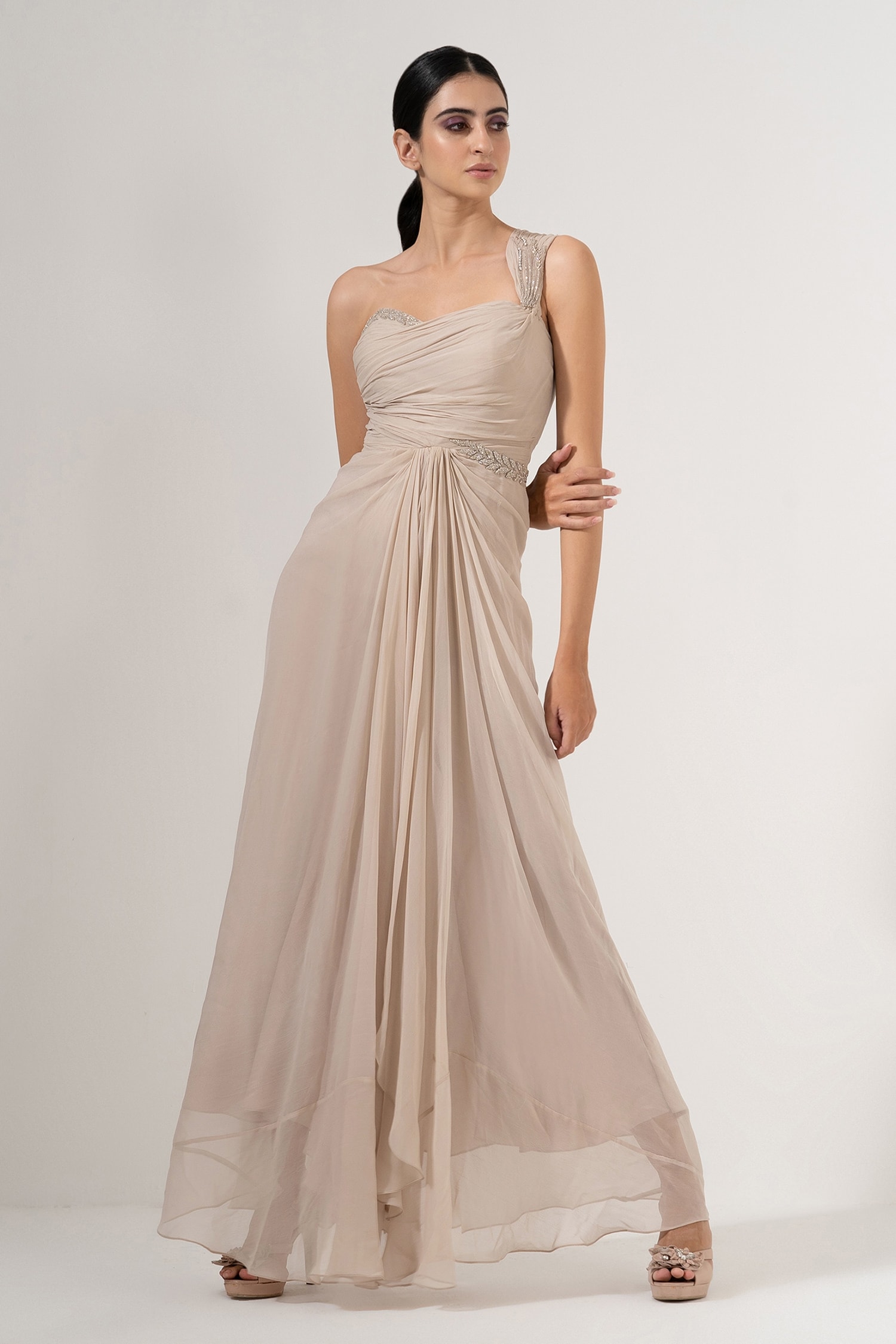 Buy Off White Shell- 100% Viscose Georgette Plunge Neck Hand Beaded ...