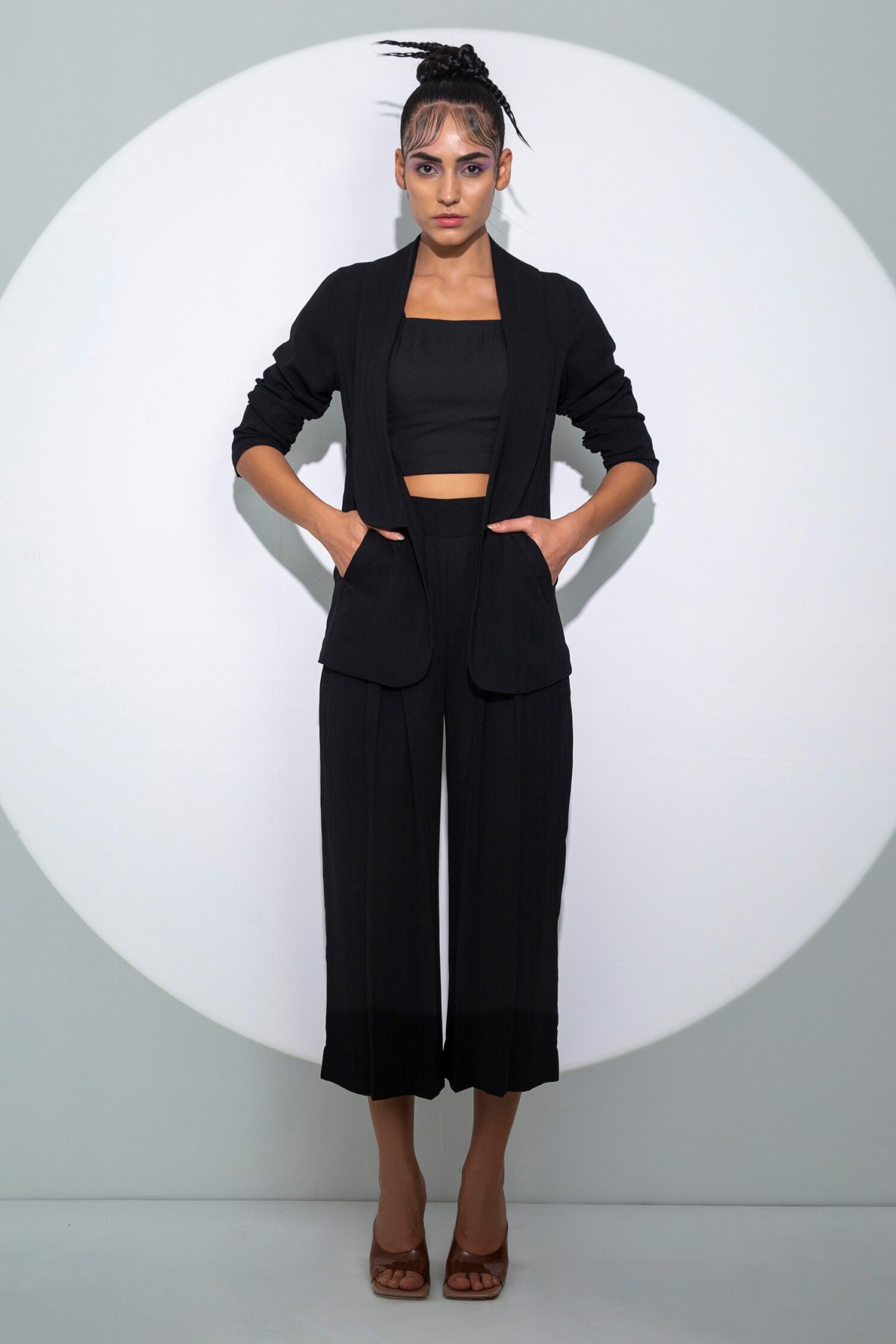 Buy Pocketful Of Cherrie Black Crepe Cropped Pleated Culottes Online ...