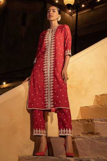 Buy Red Kurta And Pant: Cotton Mulmul Geometrical Pattern & Set For ...