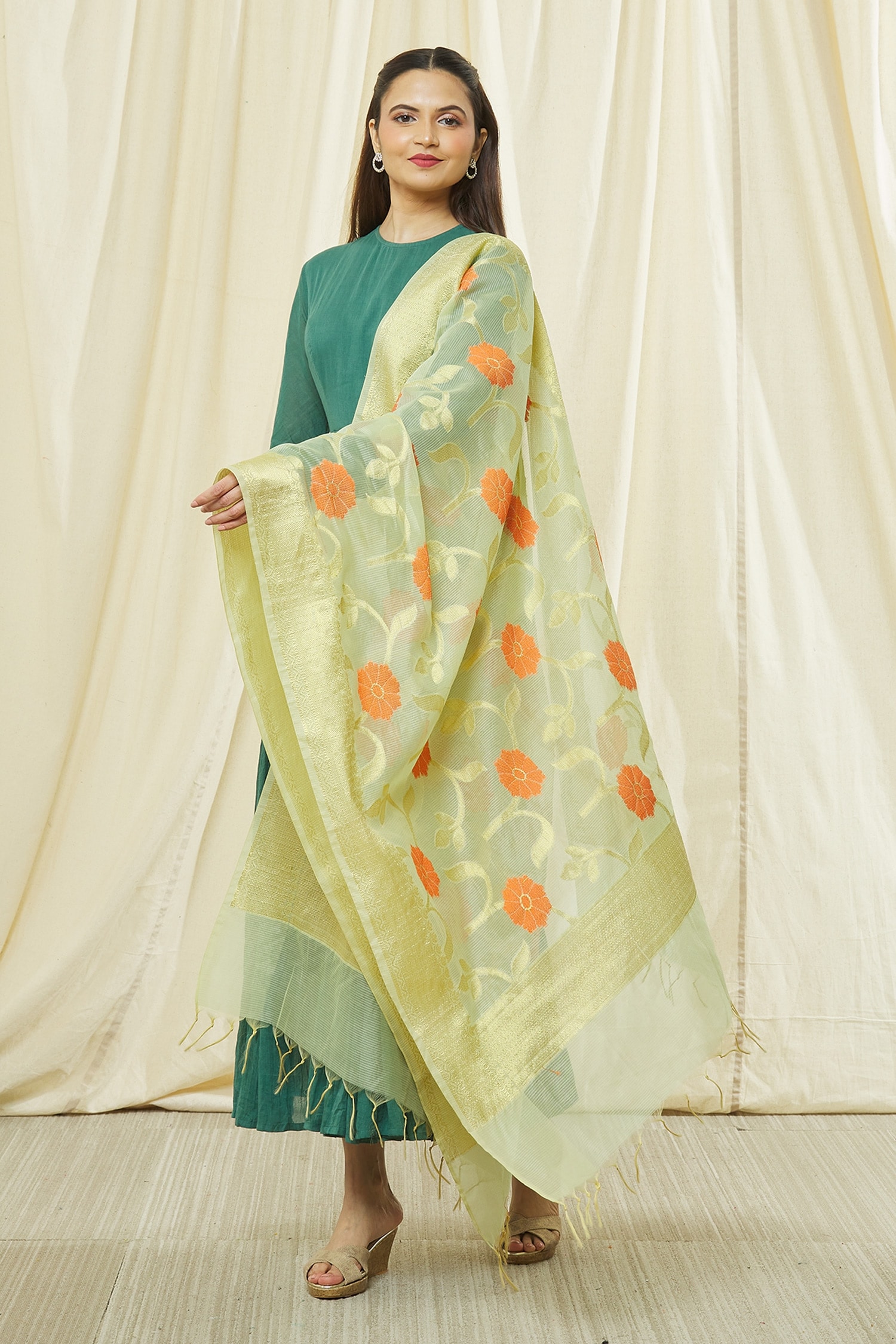 Buy Khwaab by Sanjana Lakhani Green Cotton Silk Floral Pattern Fringe ...