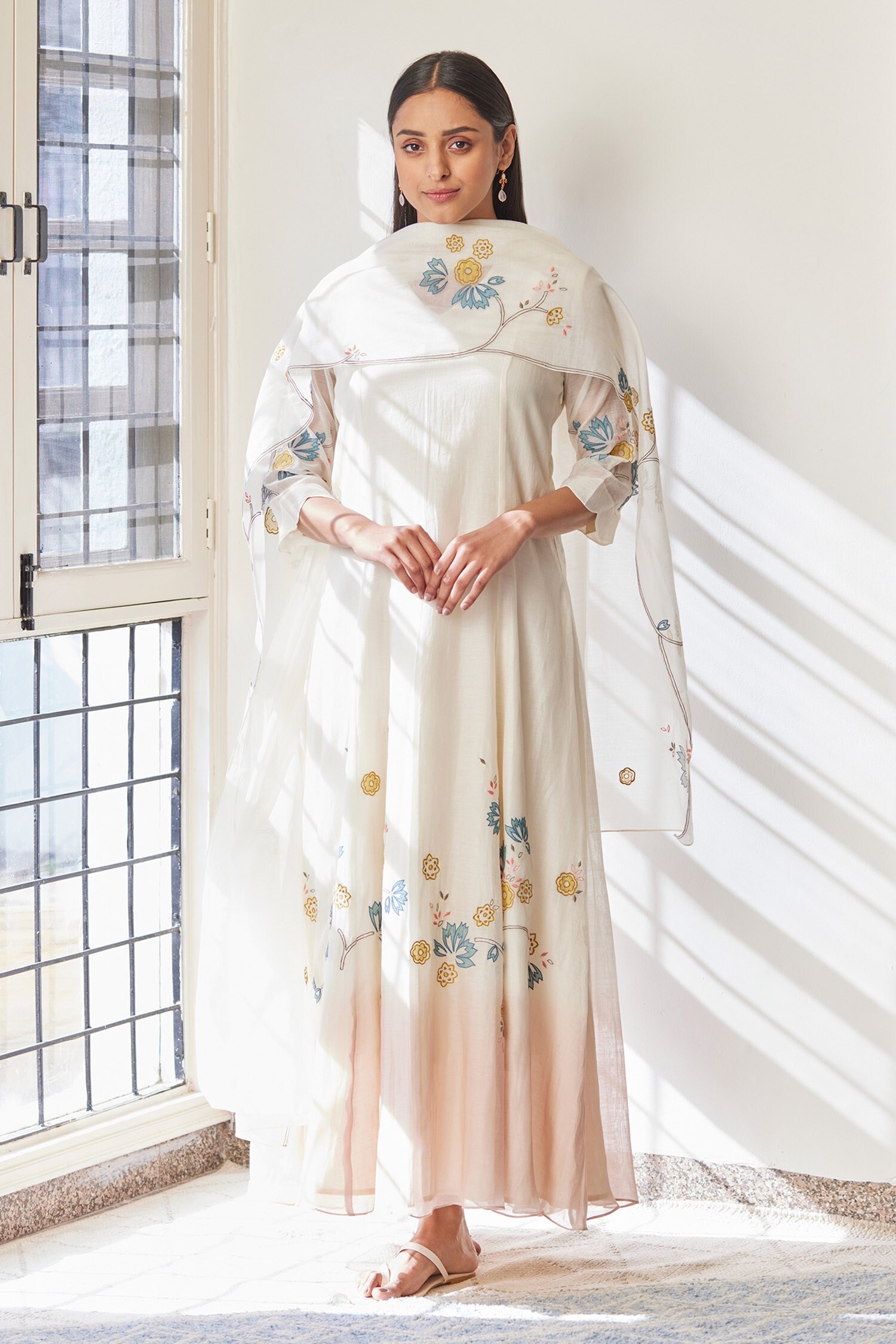 Buy Ivory Cotton Muslin Printed And Embroidered Ombre Anarkali With ...