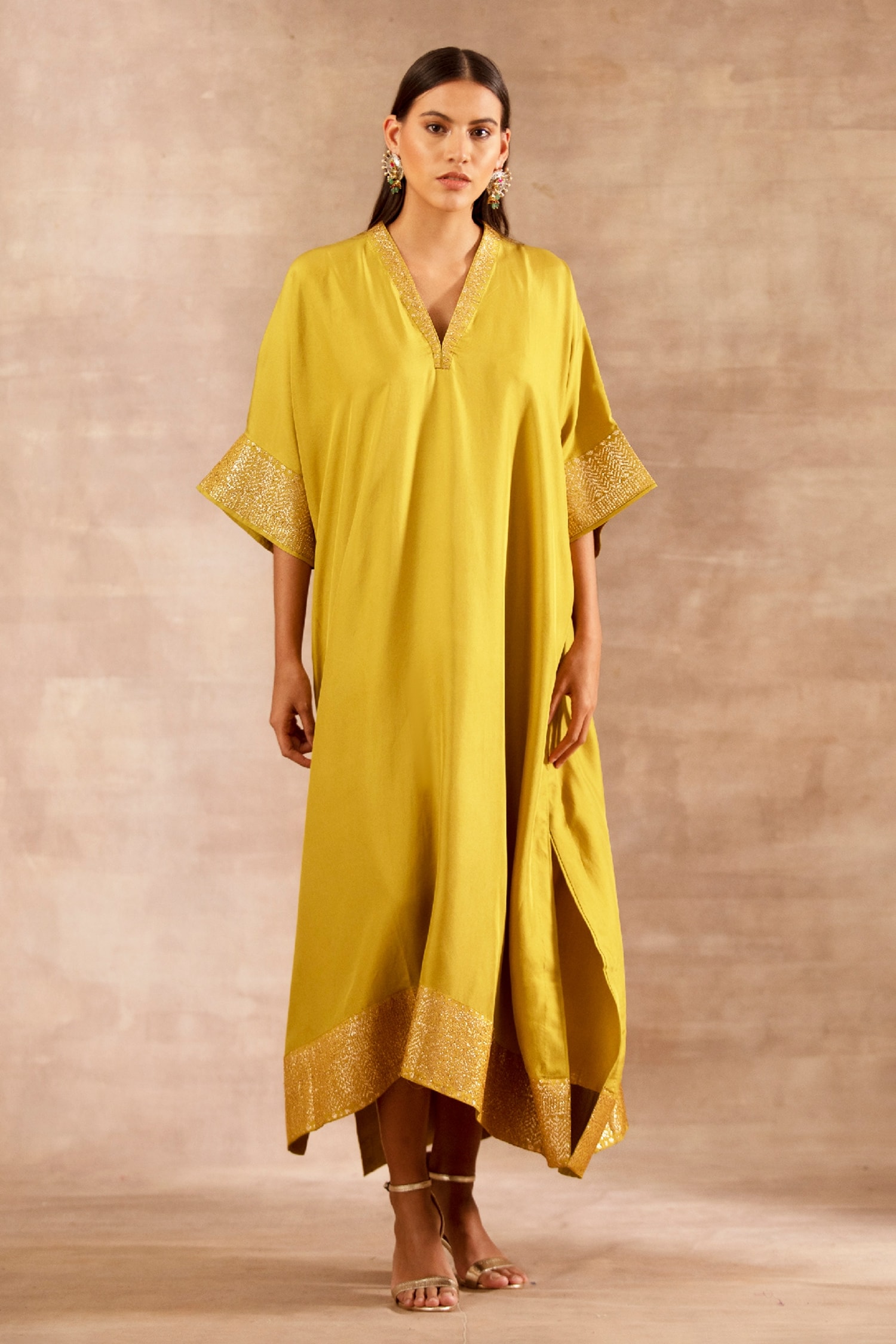 Buy Yellow Twill V Neck Banaras Border Kaftan For Women by JAYANTI REDDY Online at Aza Fashions.