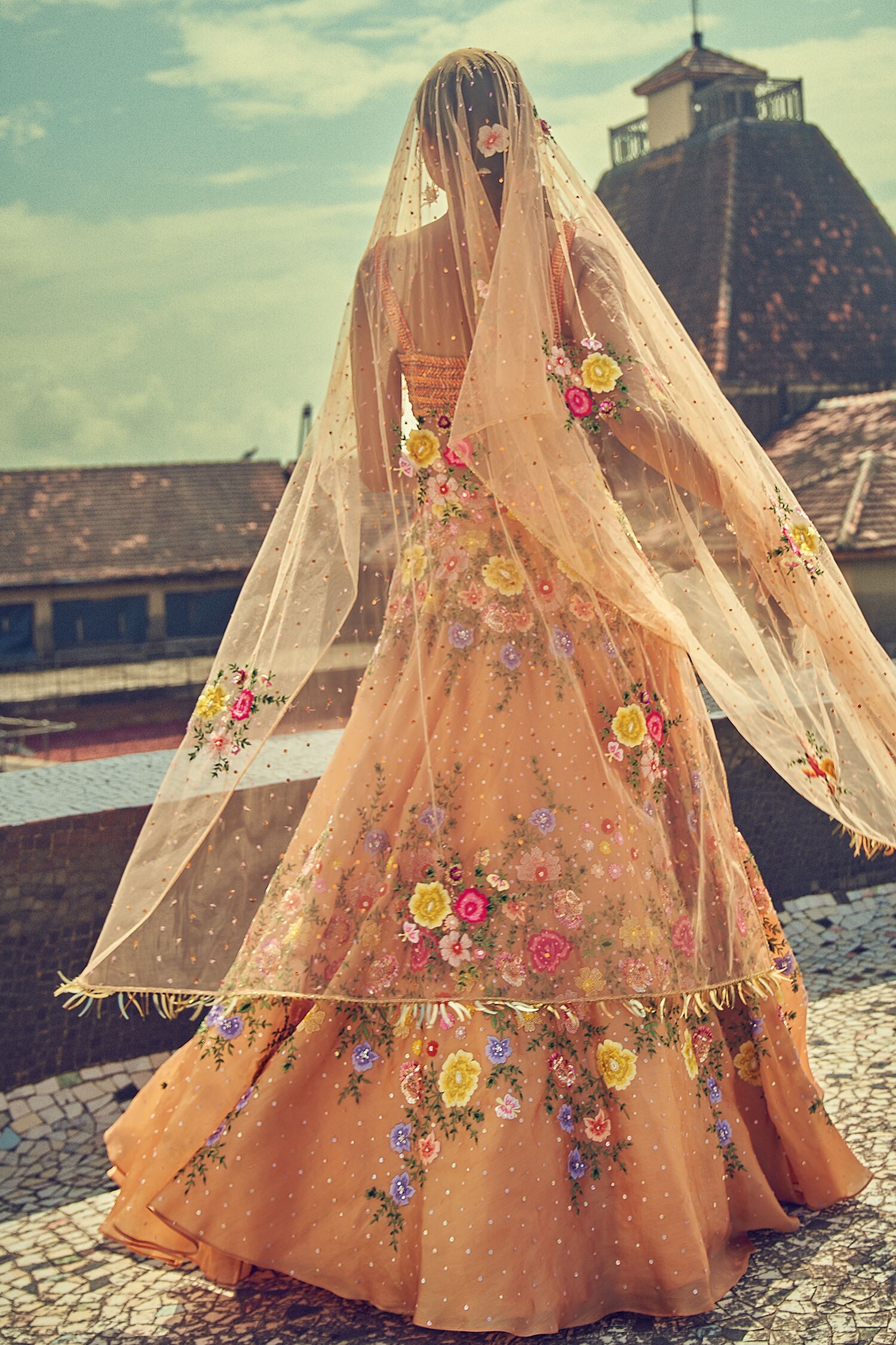 Buy Peach Embroidered Thread Floral Dupatta For Women by Surily G ...