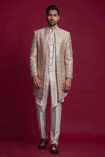 Buy Cream Silk Blend Embroidered Geometric Sherwani Set For Men by ...