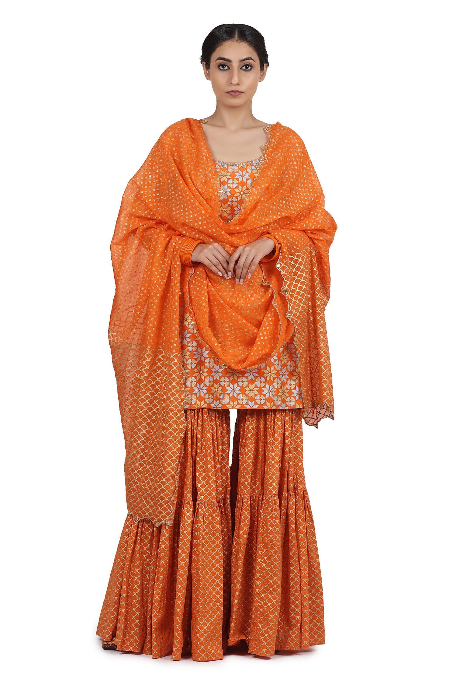 Buy Orange Chanderi Silk Print And Embroidery Falak Kurta Sharara Set ...