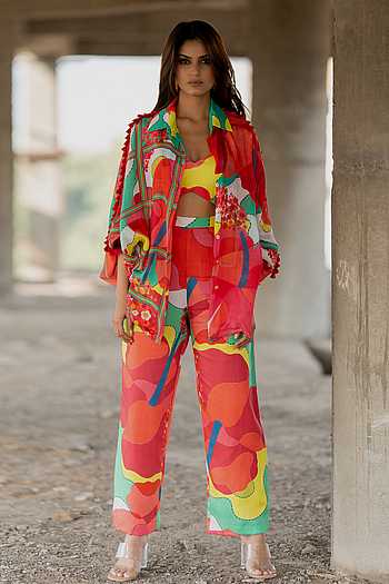 Buy Multi Color Shirt: Voil Silk Print Abstract Collared Neck With Pant ...