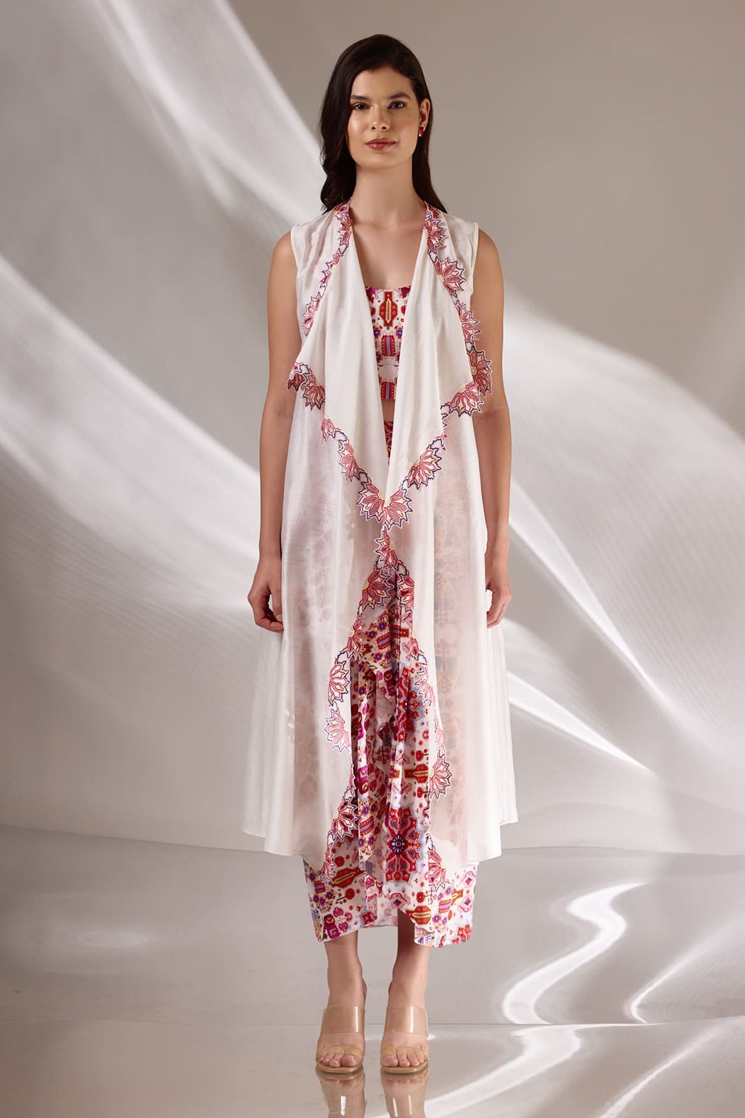 Buy White Silk Chanderi Embroidered Thread Cape With Spaghetti Inner ...