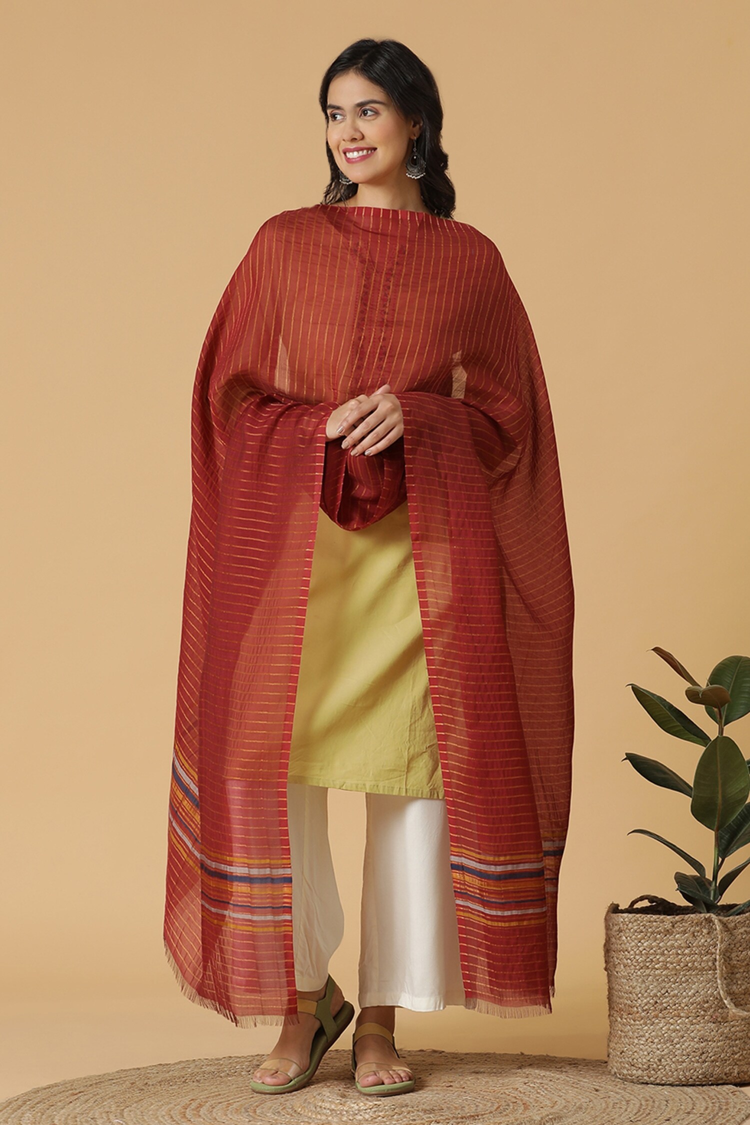 Buy Shingora Maroon Silk Metallic Striped Dupatta Online | Aza Fashions