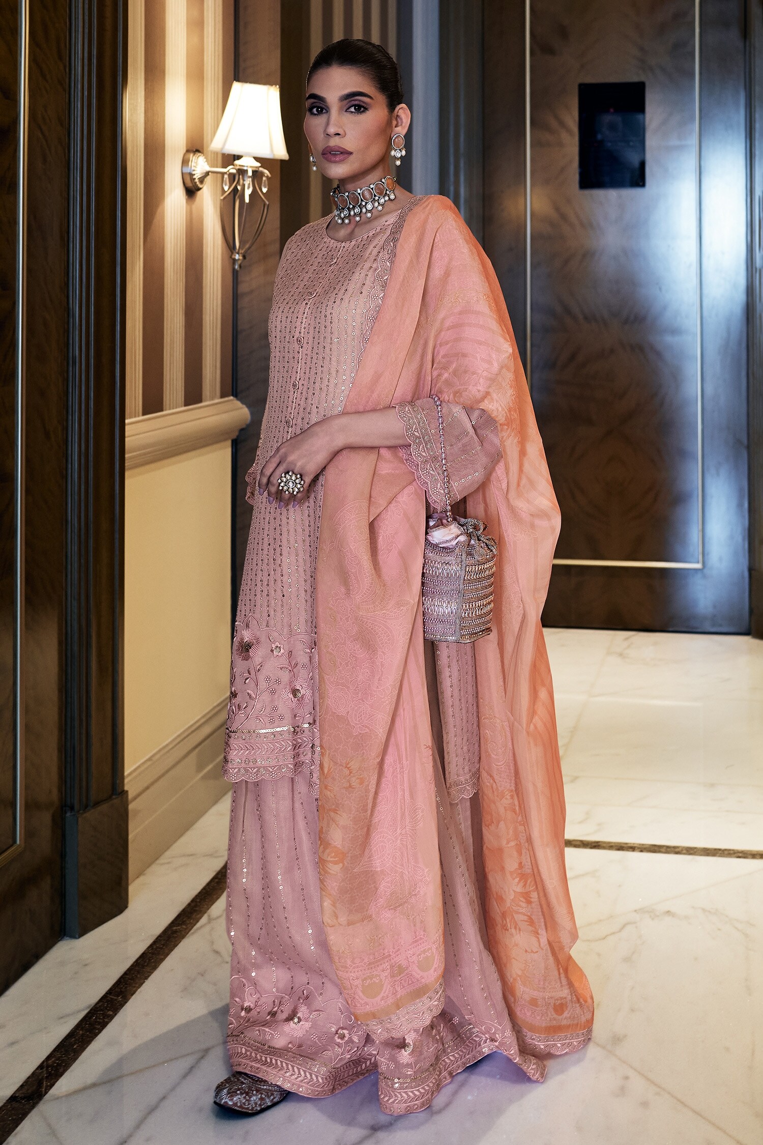 Buy Pink Kurta And Sharara Tissue Embroidered Stripe Round Sequin ...