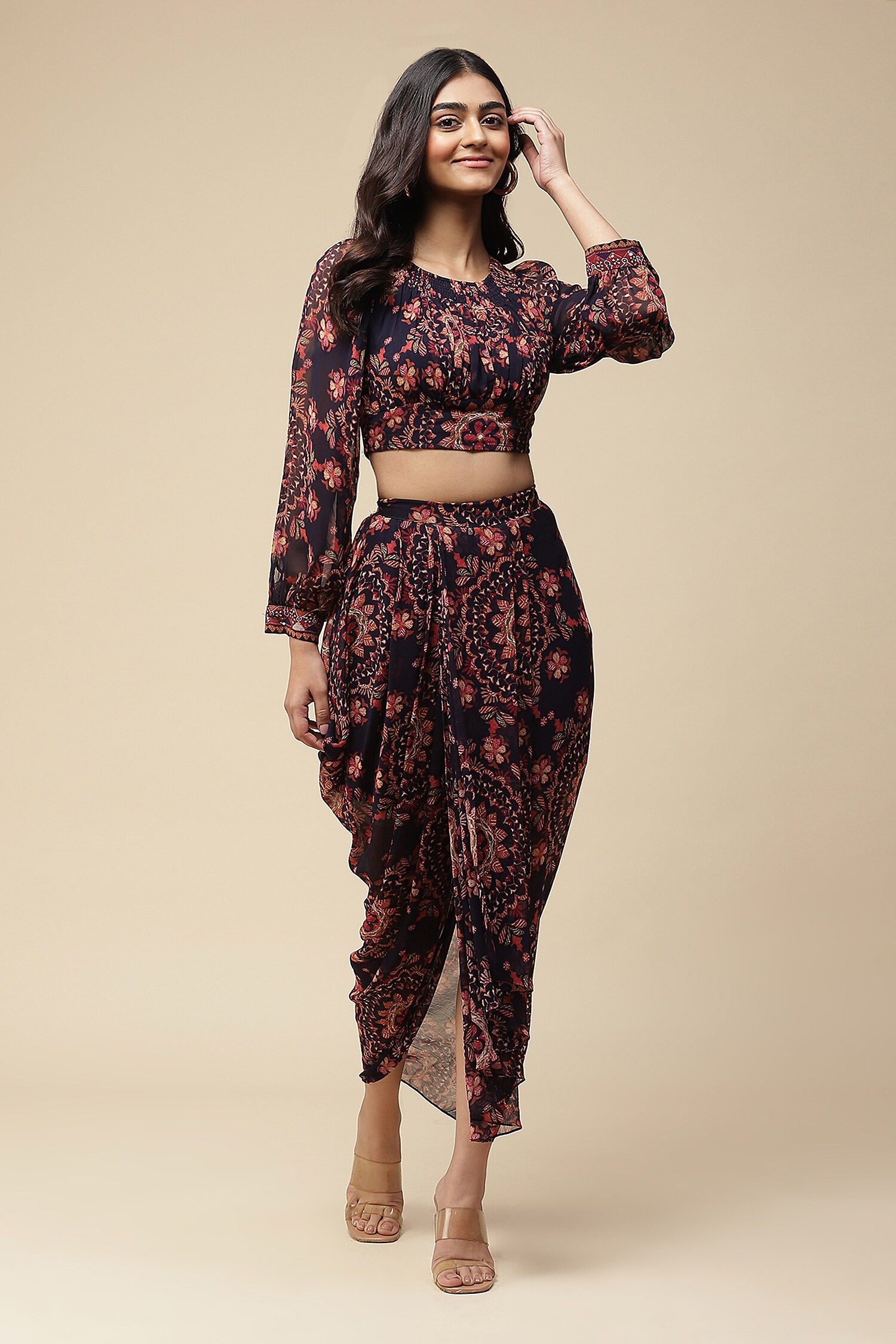 Buy Blue 100% Polyester Printed Floral Crop Top And Draped Skirt Set ...