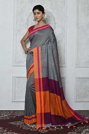 Buy Red Cotton Linen Woven Jamdani Colorblock Saree For Women by ...