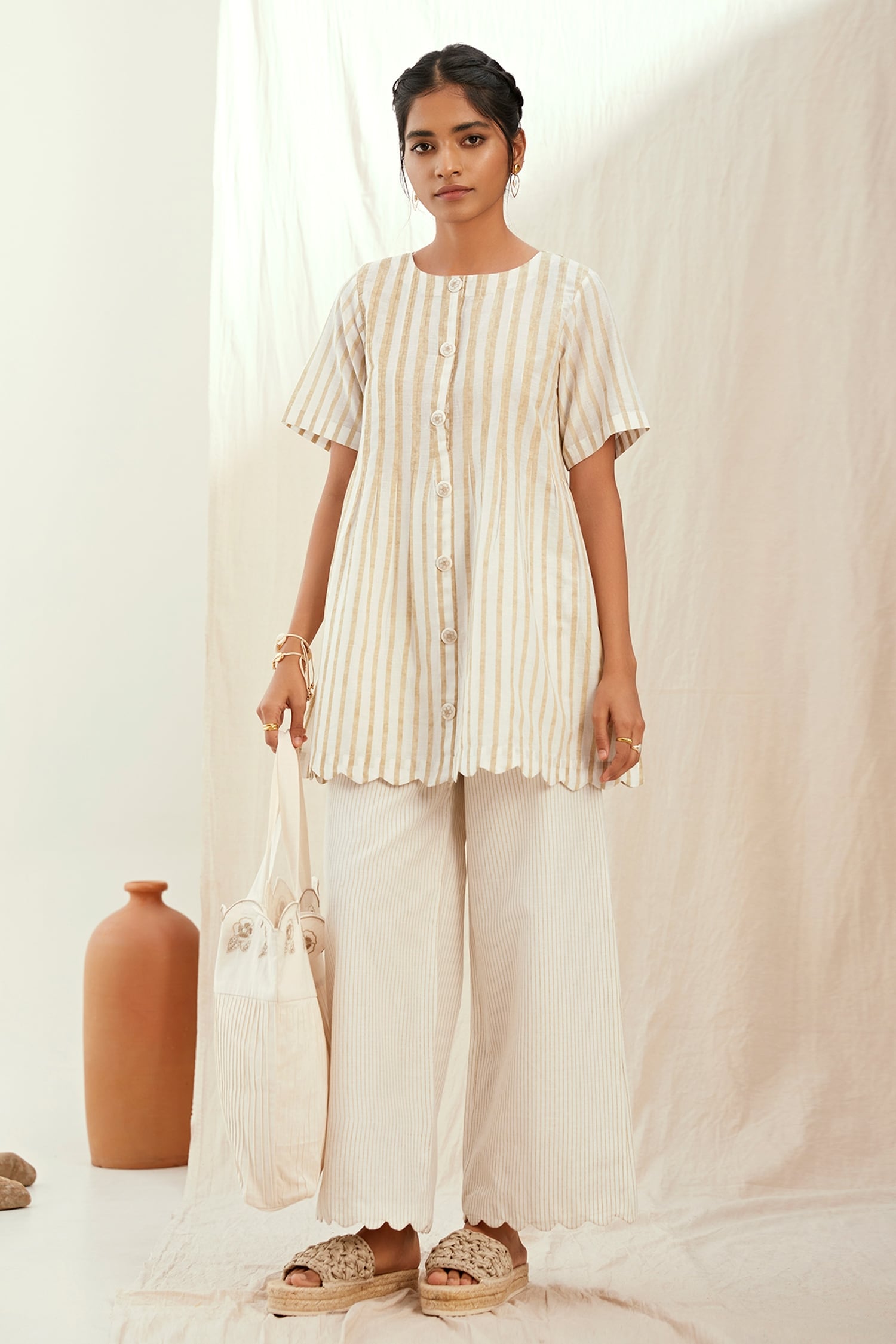 Buy White Cotton Printed Stripe Round Moana Shirt And Pant Set For ...