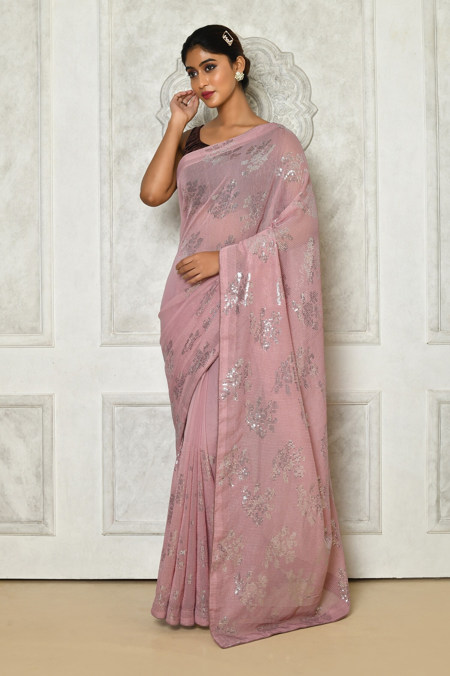 Buy Brown Georgette Embroidered Sequin Abstract Saree For Women by ...