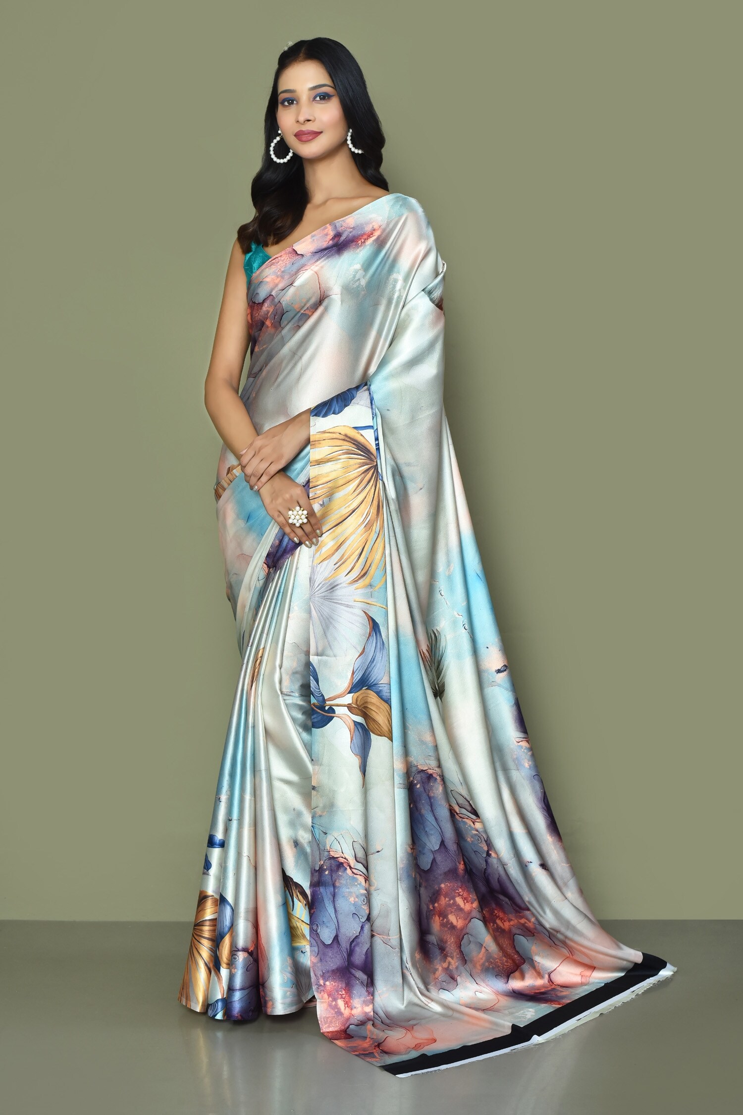 Buy Multi Color Pure Satin Crepe Abstract Saree With Running Blouse For ...
