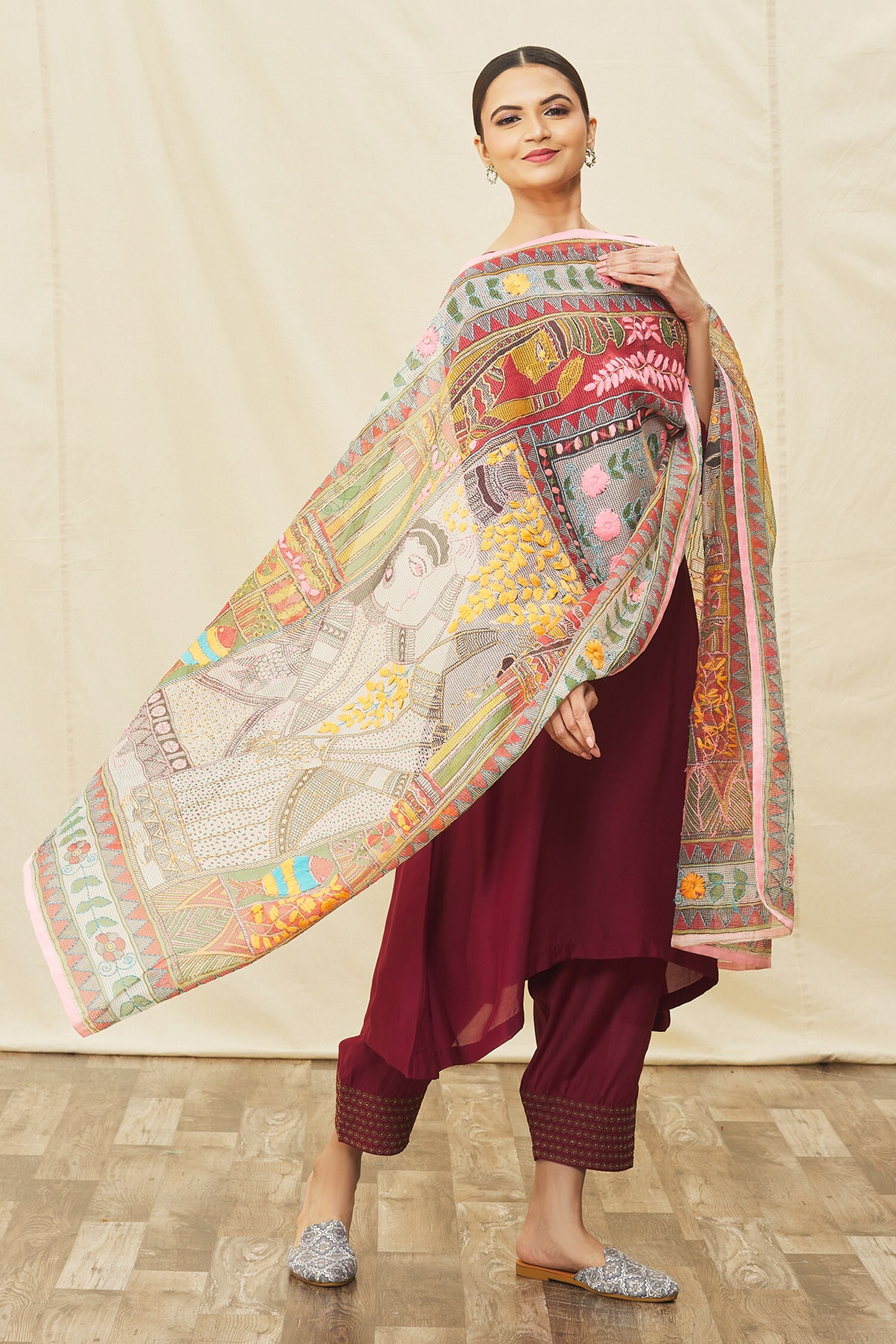 Buy Multi Color Kota Doria Embroidered Figurine And Floret Pattern ...