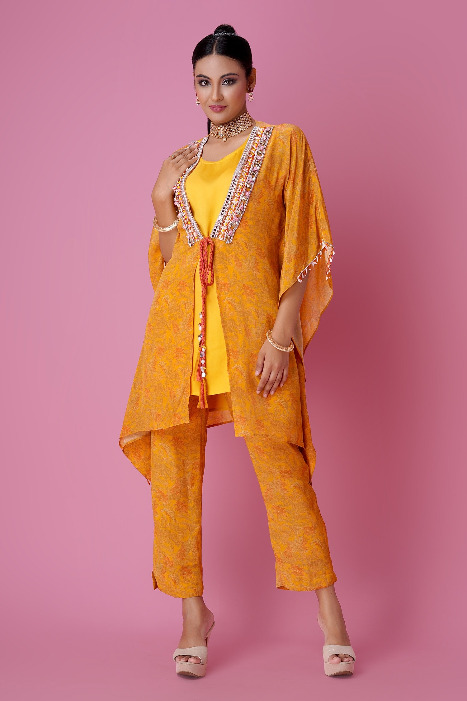 Buy Amani Yellow Crepe Paisley Print Kaftan Jacket Pant Set Online ...