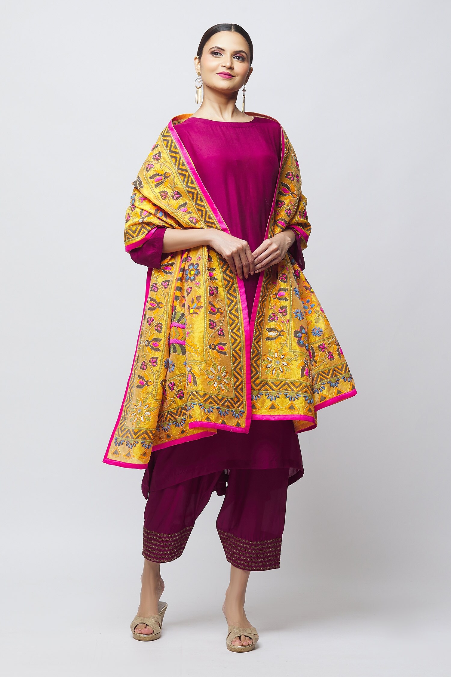Buy Samyukta Singhania Yellow Cotton Silk Bird And Flower Embroidered ...