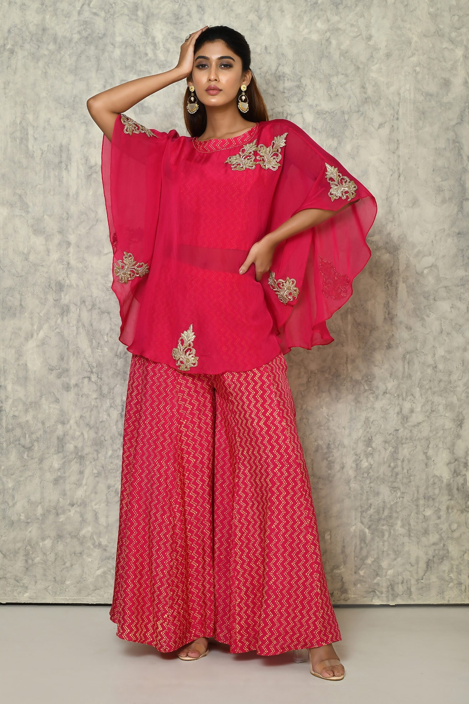 Buy Pink Bamber Silk And Organza Print Chevron Floral Zardozi Patch ...