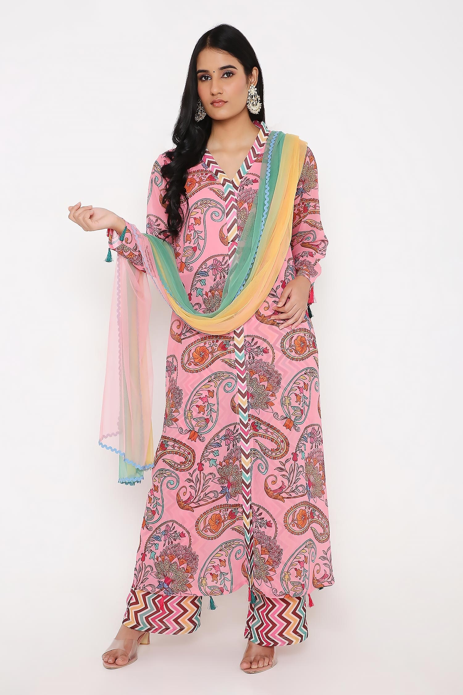 Buy Pink Kurta Georgette Printed Chevron V Neck Sun Paisley Set For ...