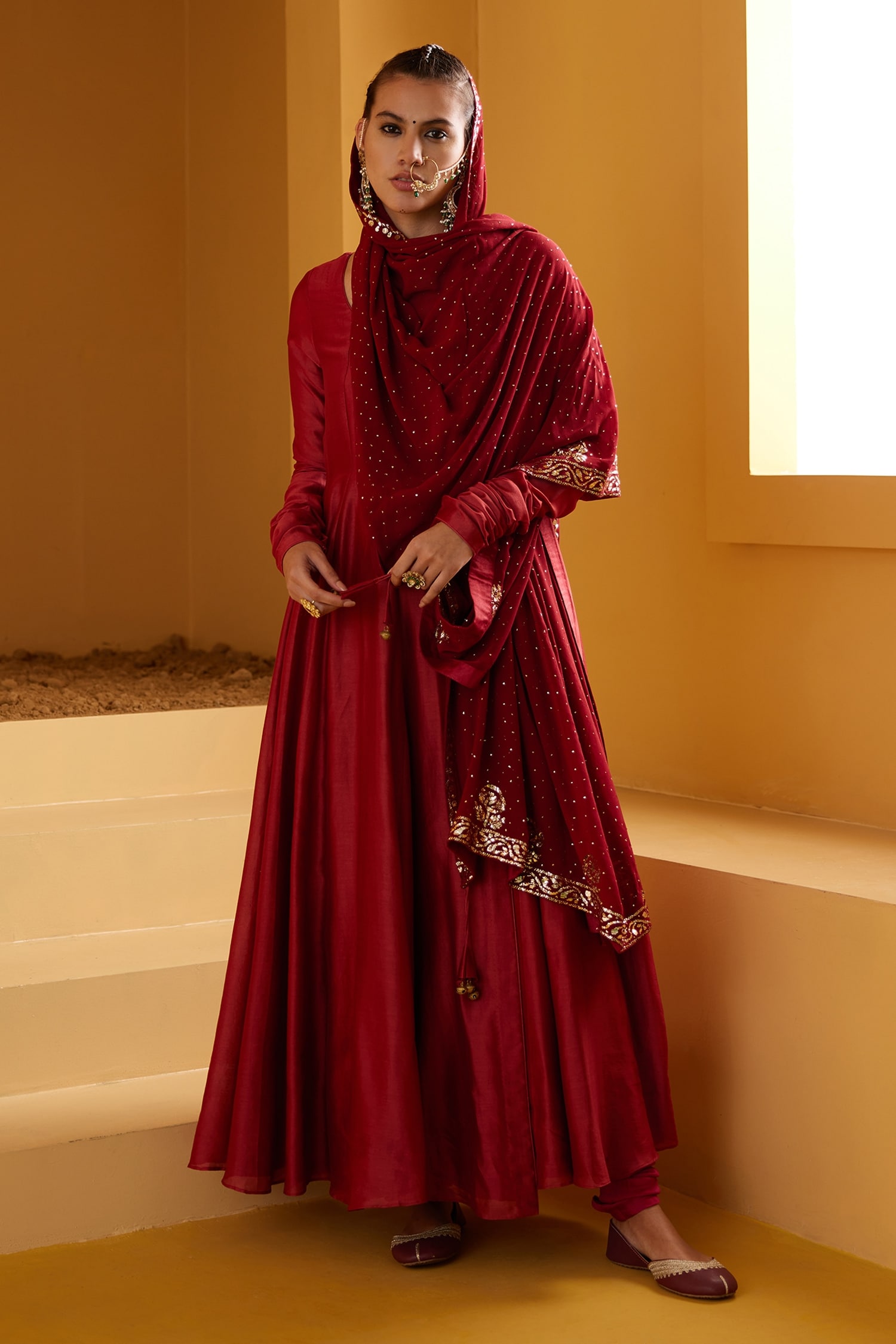 Buy Maroon Chanderi Embellished Mukaish V Neck Angarkha Set For Women ...
