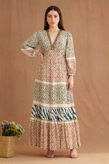 Buy Blue 100% Viscose Georgette Printed And Embroidered Mughal Tiered ...