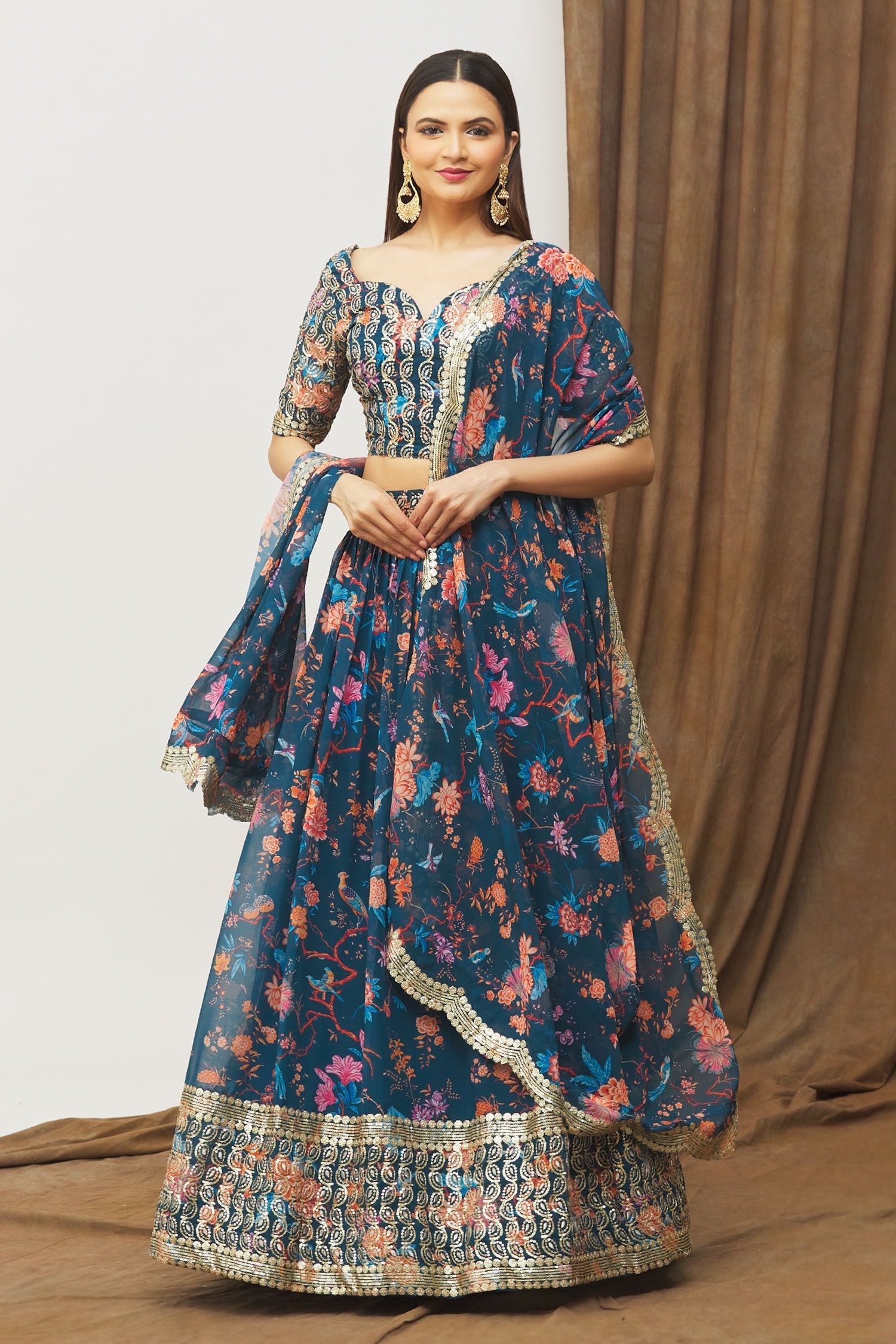 Buy Blue Faux Georgette Embroidered Floral Sweetheart Neck Blouse