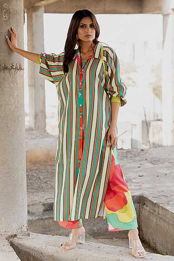 Buy Pooja-Keyur Green Cotton Satin Stripe Pattern Shirt Tunic With Pant ...