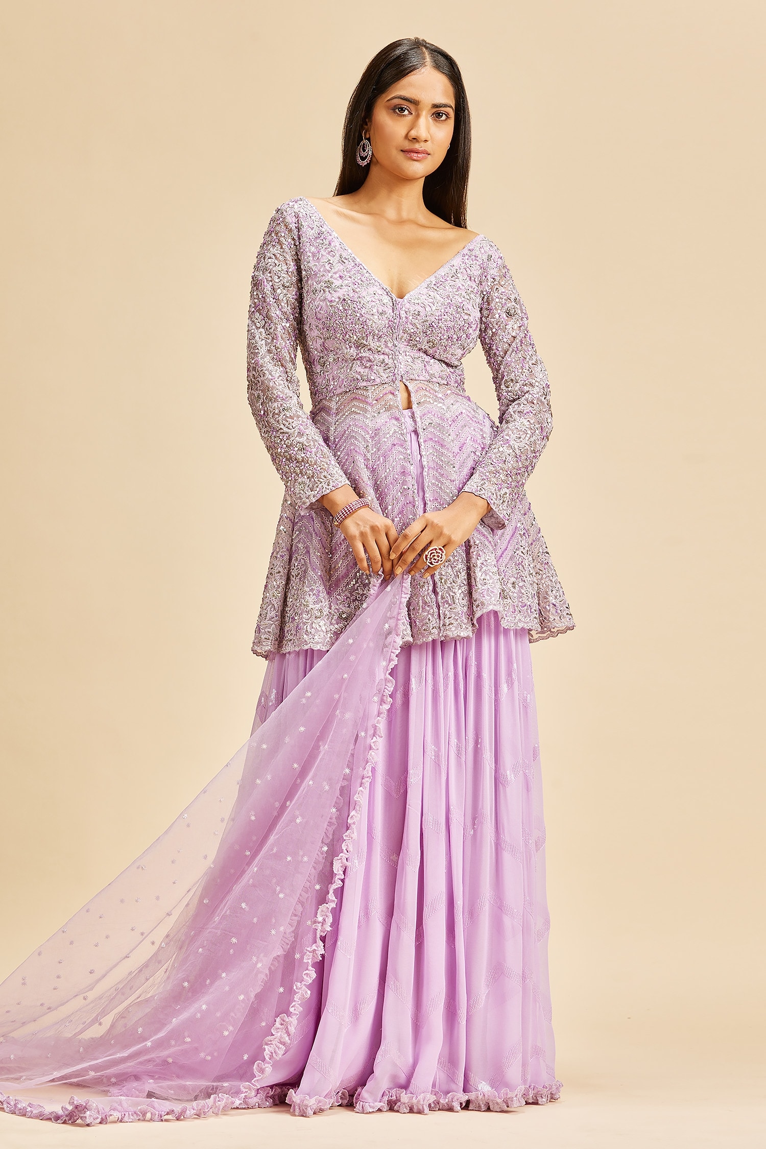 Buy Purple Sharara: Georgette Embroidery Silver Dori V Peplum Top Set ...