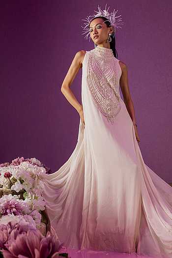Buy White Georgette Embroidered Bead High Neck Pendant Tent Gown For ...