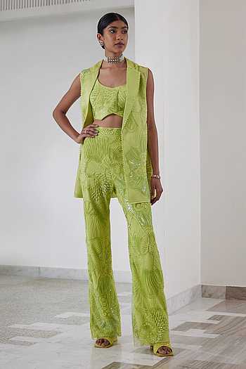 Buy Green Organza Embroidered Sequin Blazer: Notched Lesly Bead Pant ...