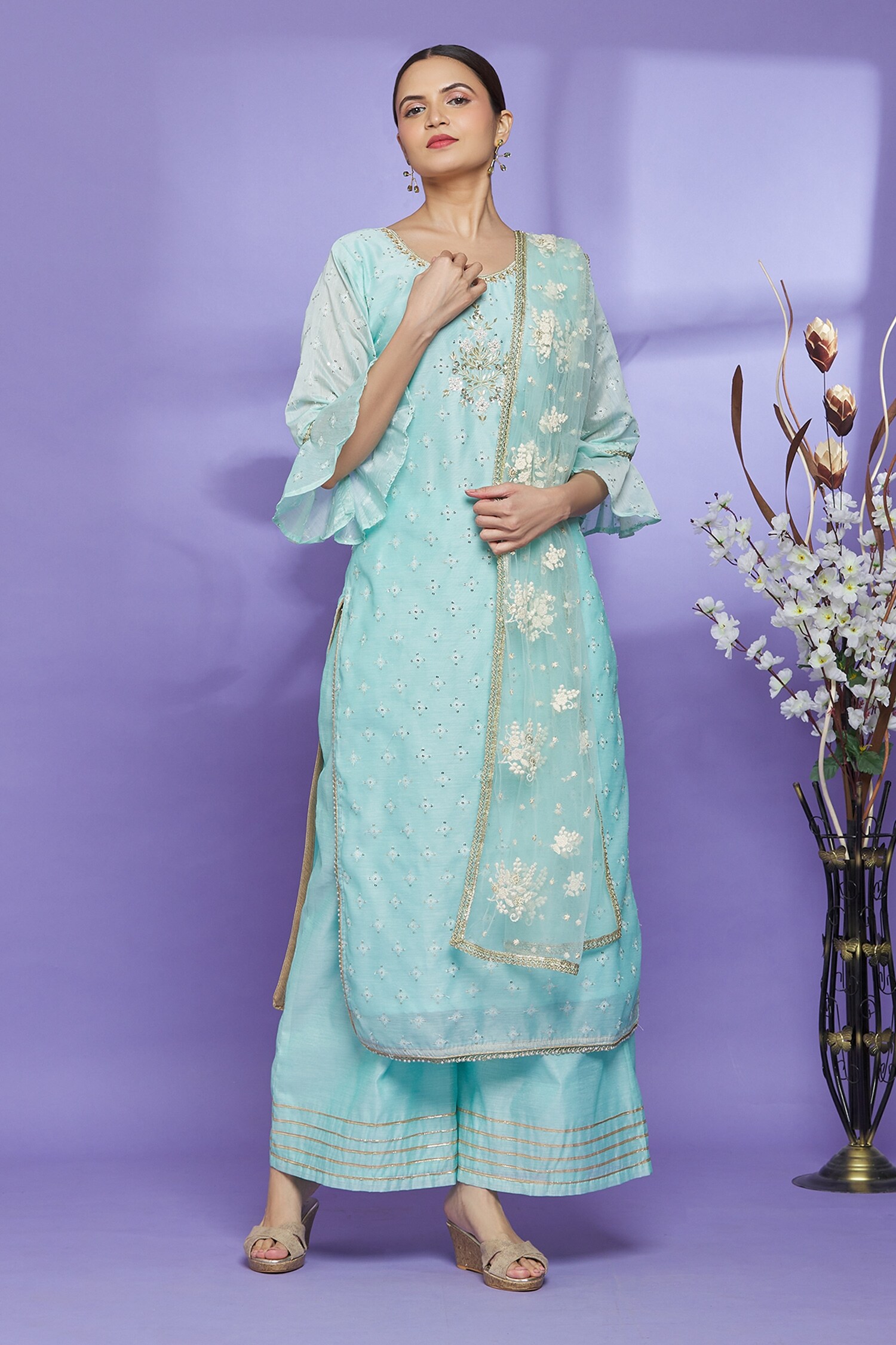 Buy Samyukta Singhania Blue Polyester Embroidered Floral Scatter Kurta ...