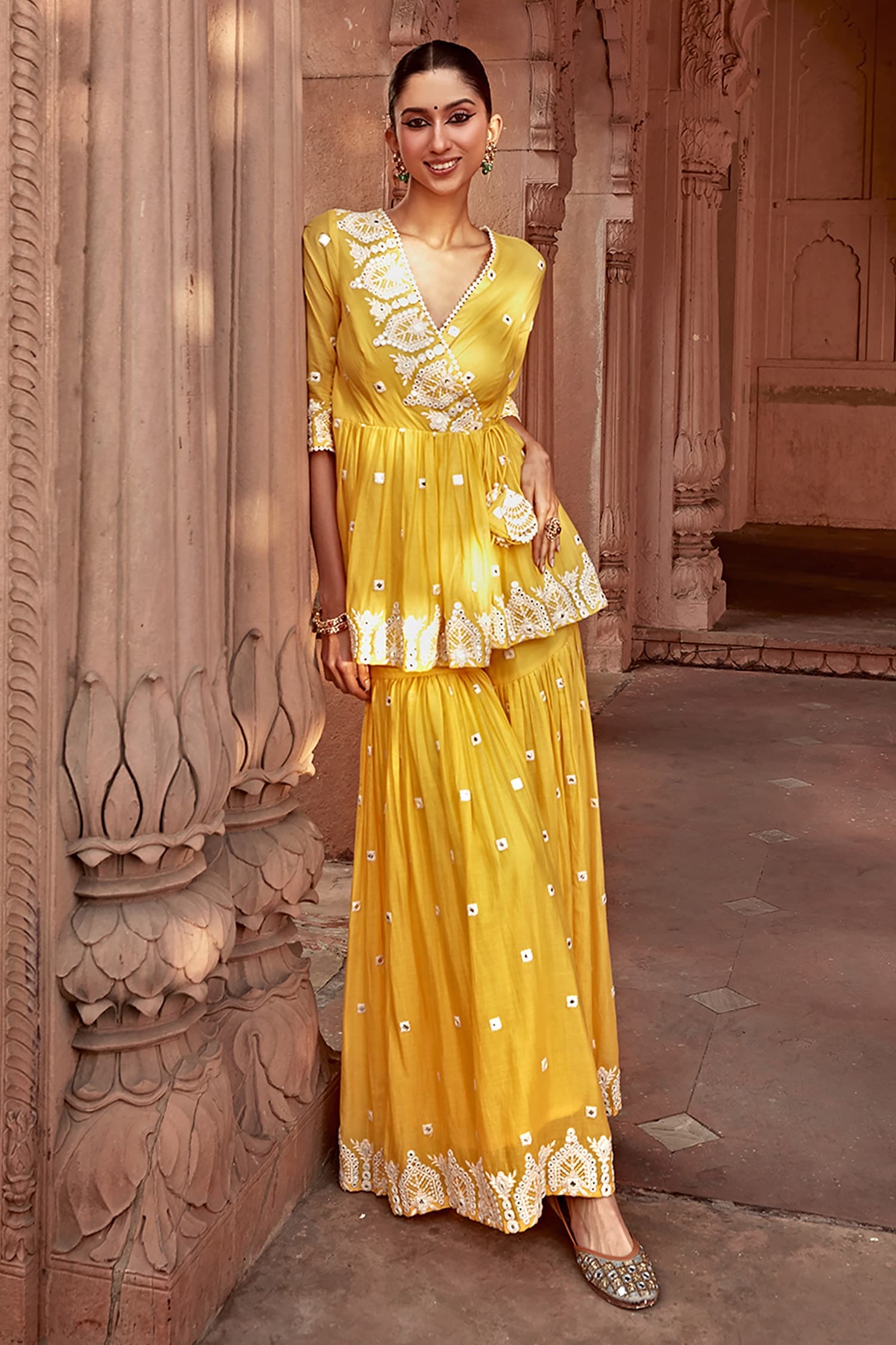 Buy Yellow Cotton Mulmul Embroidered And Work Short Angarkha Sharara ...