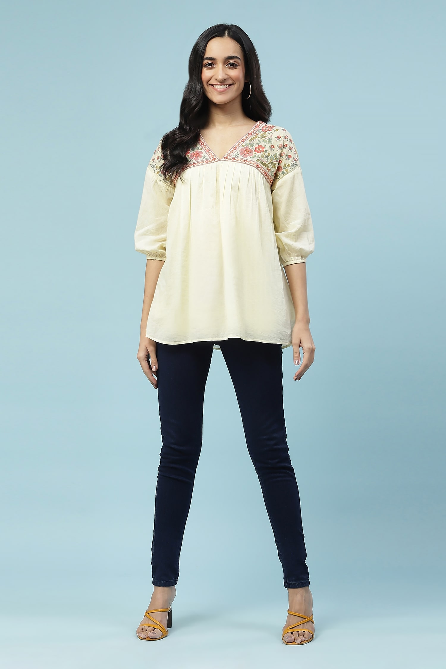 Buy Aarke Ritu Kumar Green Cotton Floral Embroidered Puff Sleeve Top ...