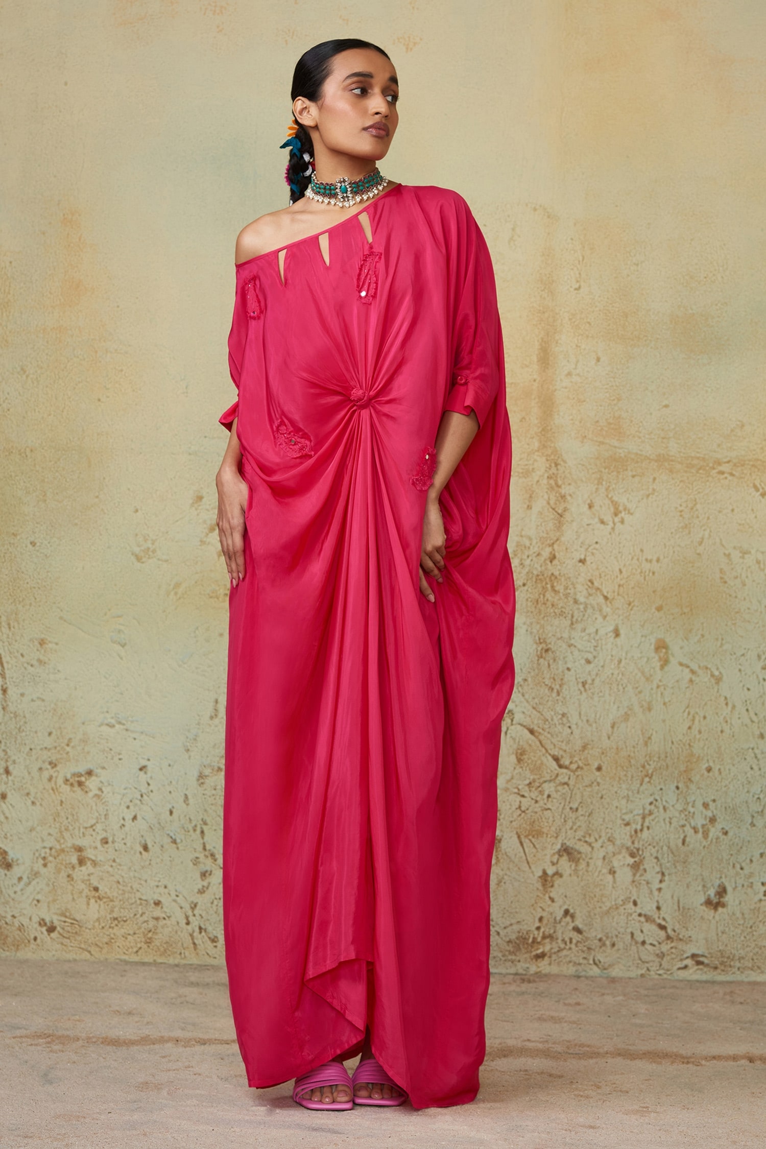 Buy Style Junkiie Pink Silk Paisley Embroidered Knotted Kaftan Online ...