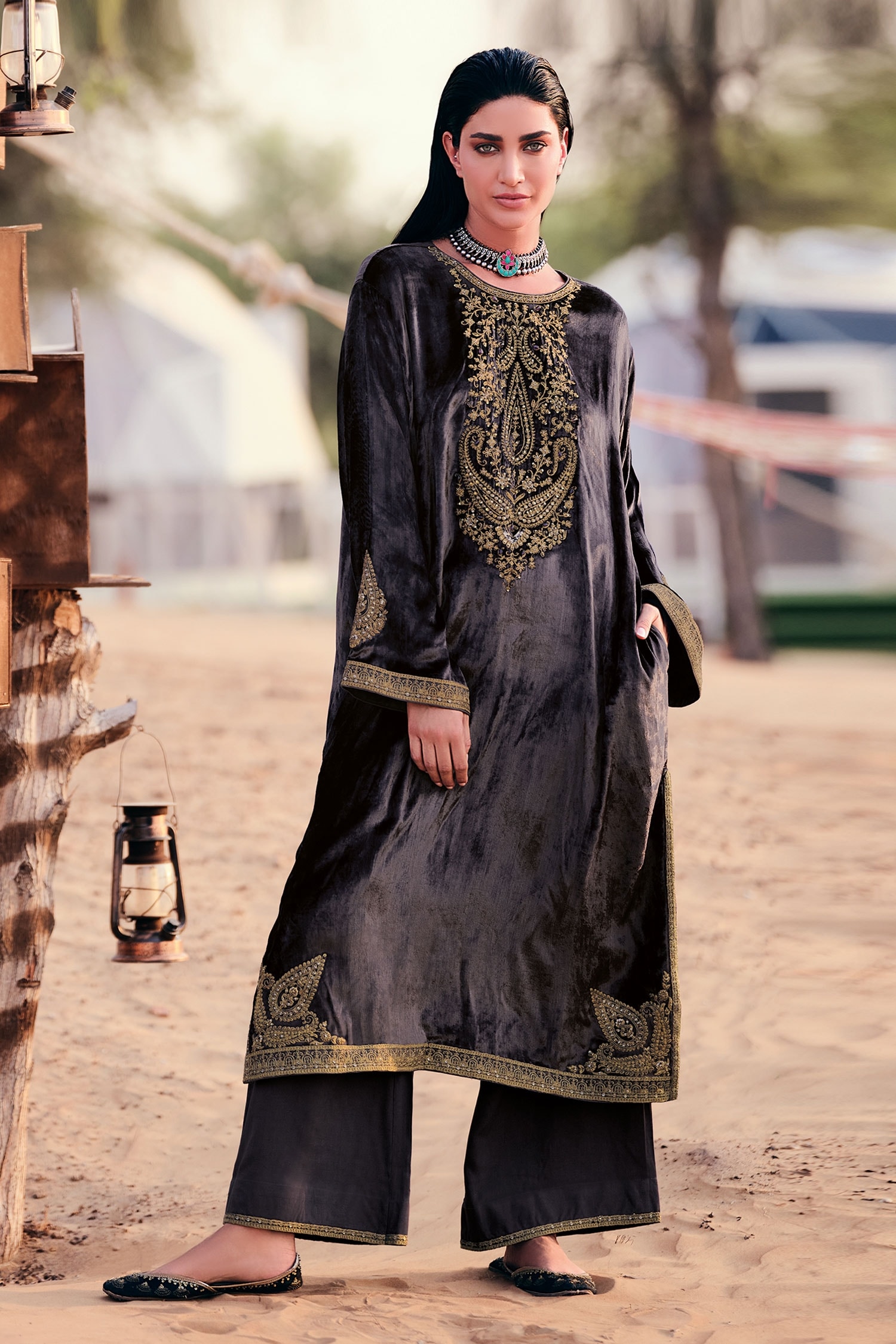 Buy Label Varsha Grey Velvet Embroidered Pheran And Pant Set Online ...