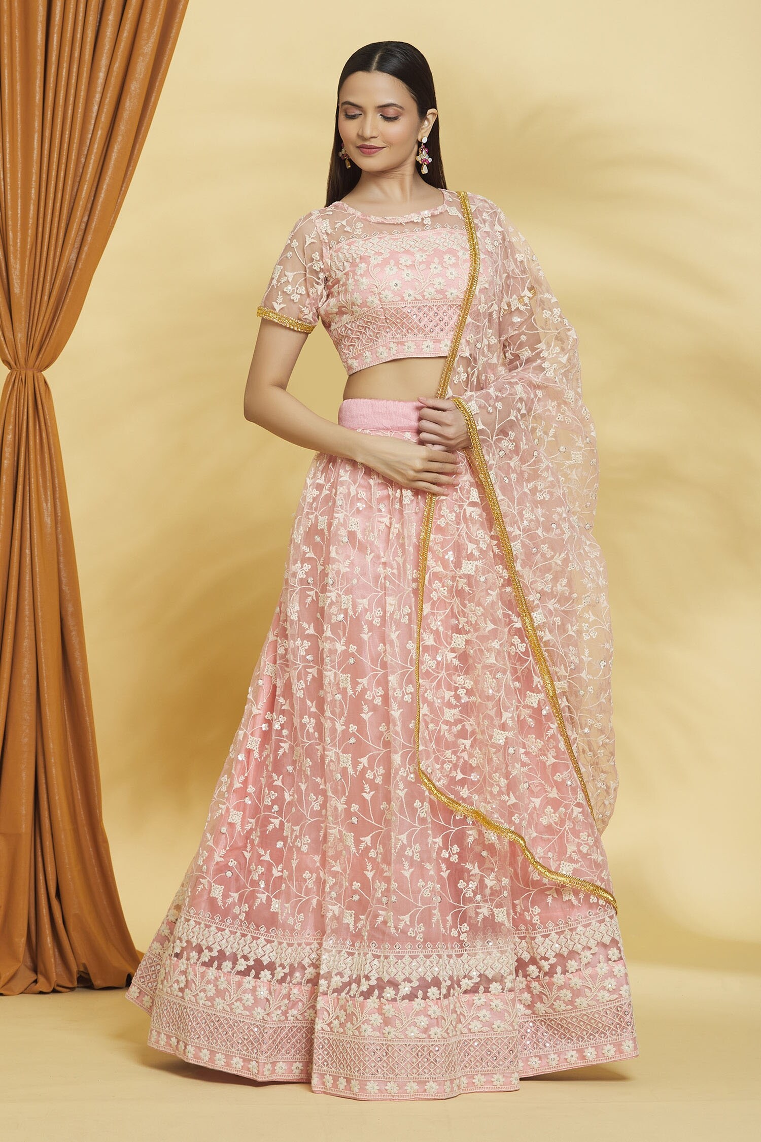 Buy Pink Net Embroidery Floral Round Neck Lace Lehenga Set For Women by ...