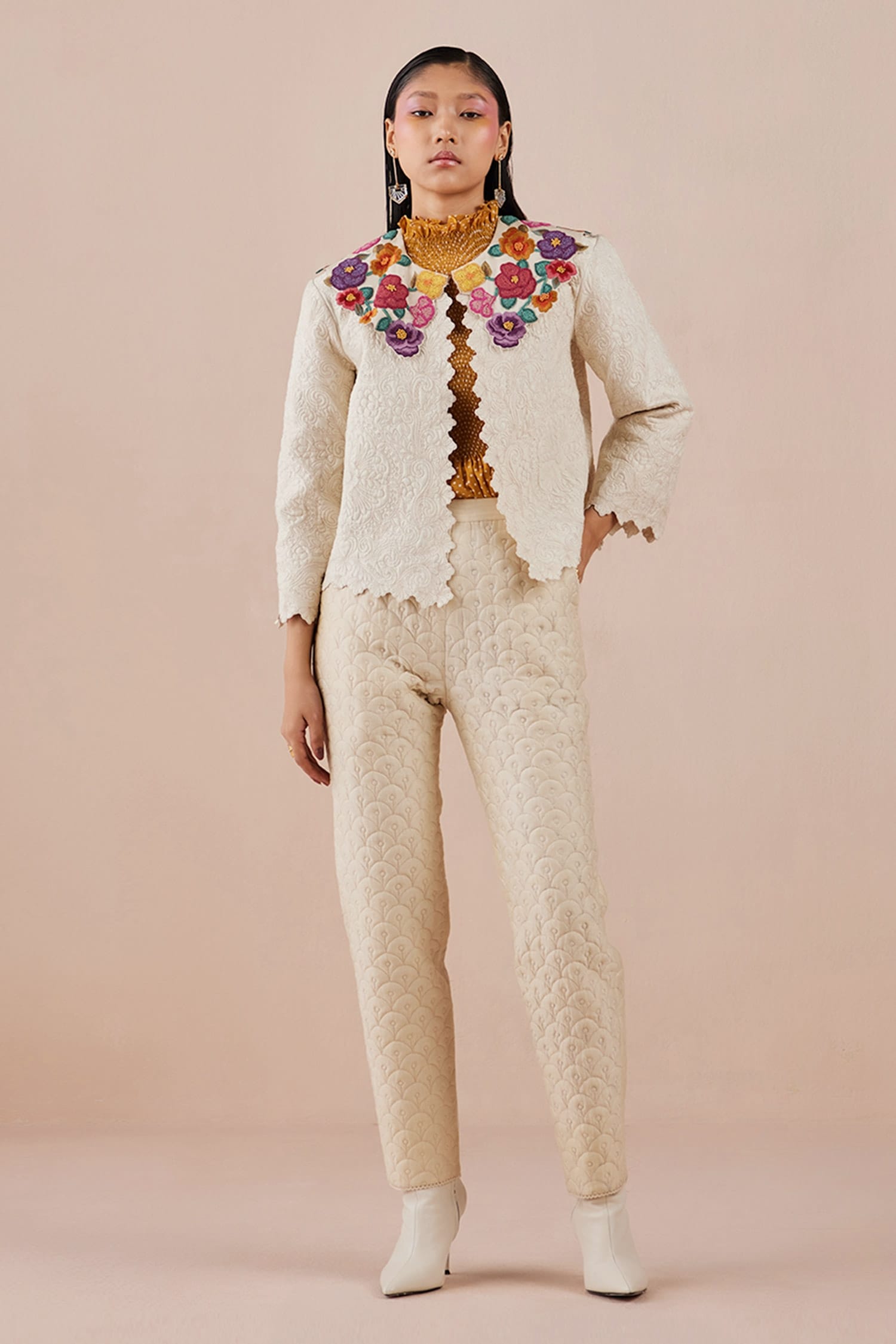 Buy Chandrima Ivory Chanderi Quilted Short Jacket Online | Aza Fashions