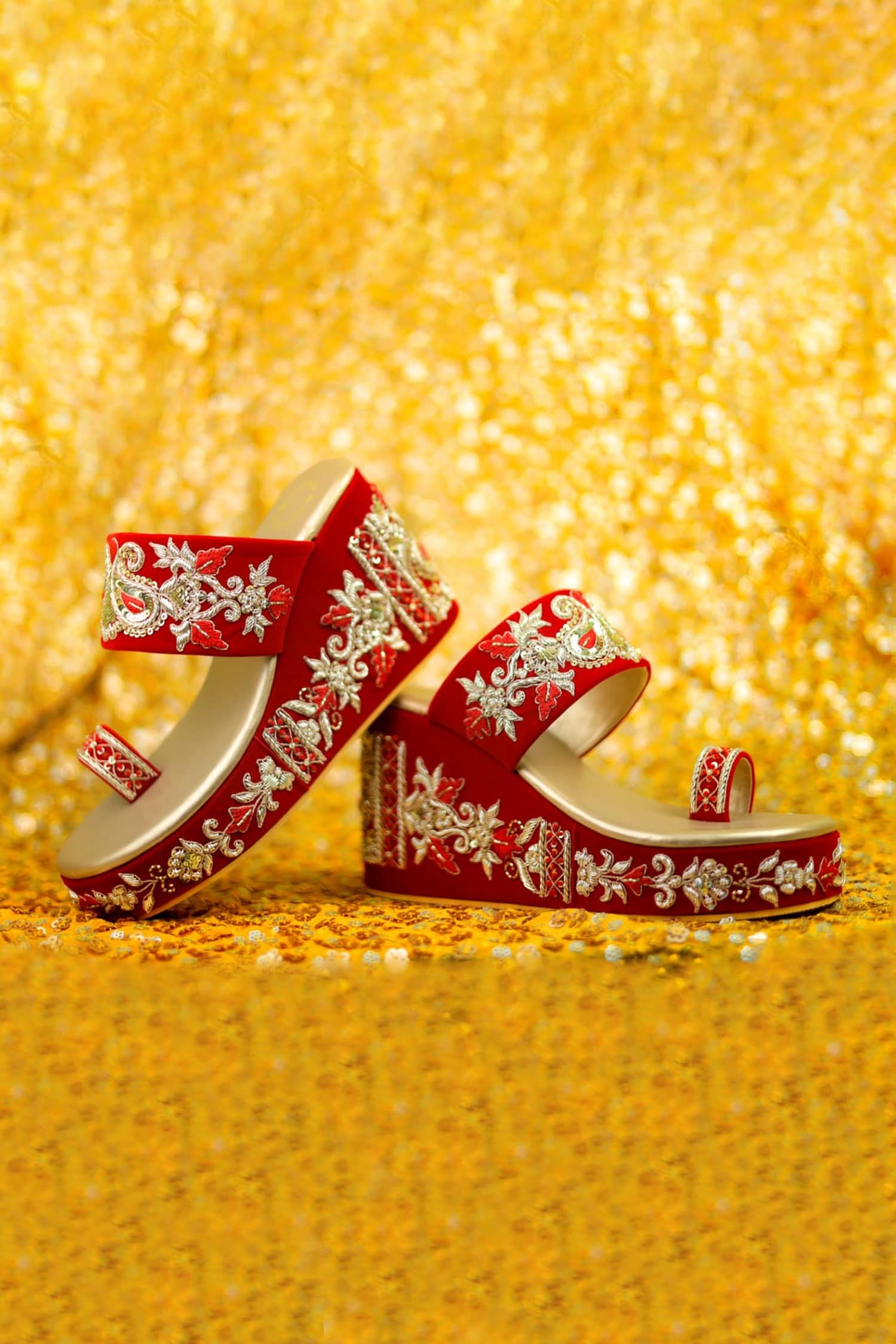 Buy Red Embroidered Ballari Velvet Toe Ring Wedges by Rajasthani Stuff ...