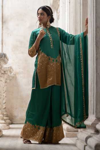 Buy Green Tissue Embroidery Zardozi Keyhole Placement Kurta Set For ...