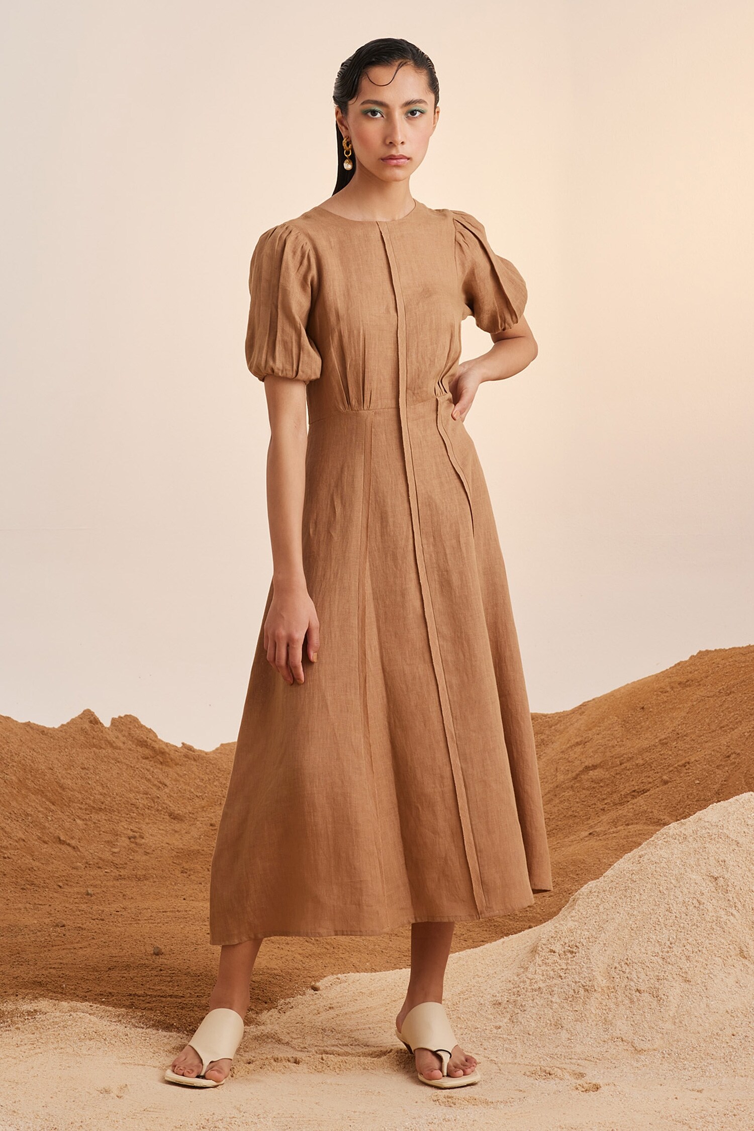 Buy Beige Linen Plain Round Panelled Dress For Women by Cord Online at ...