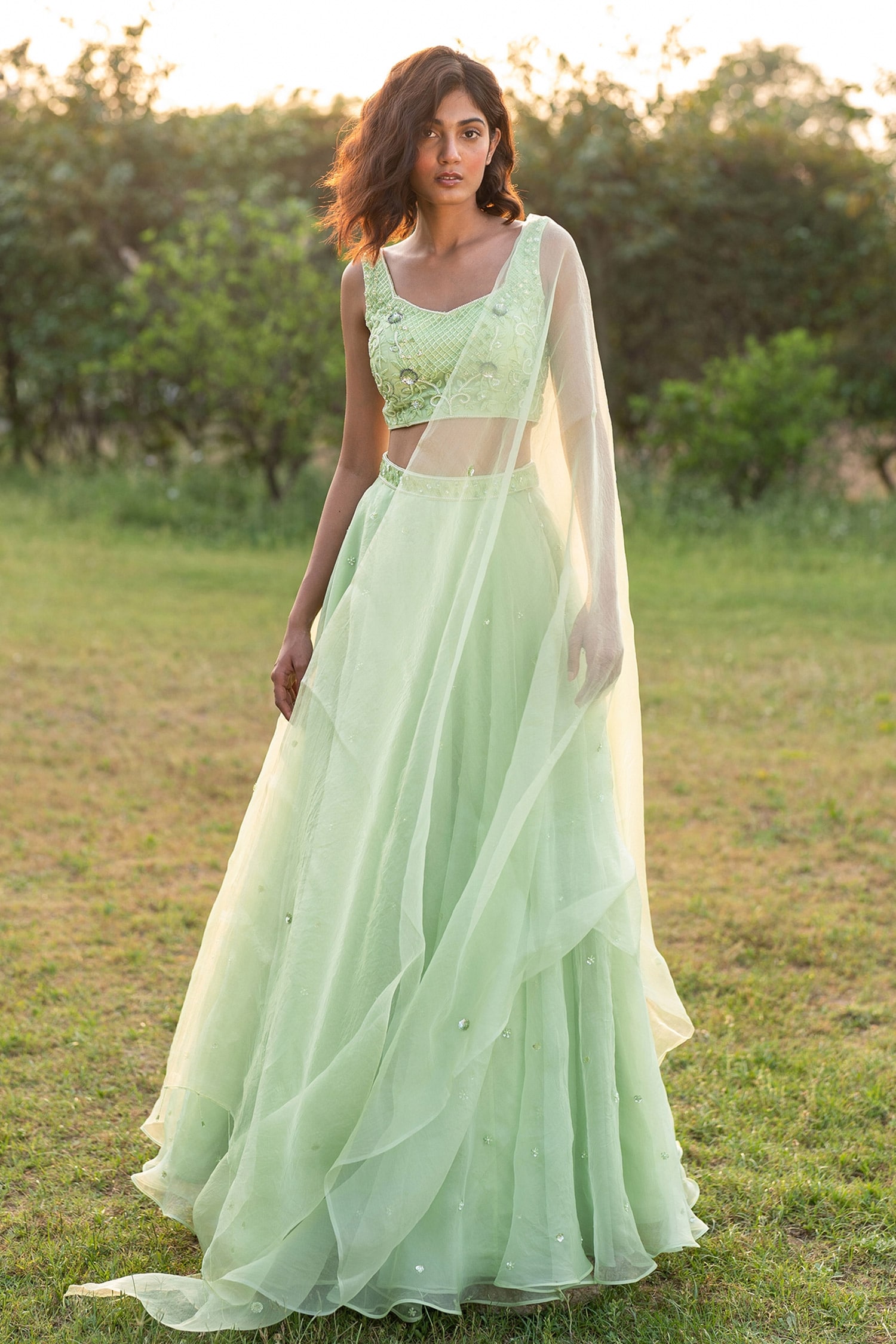 Buy Green Dupatta And Lehenga Silk Sequin Cluster Set With Embellished ...