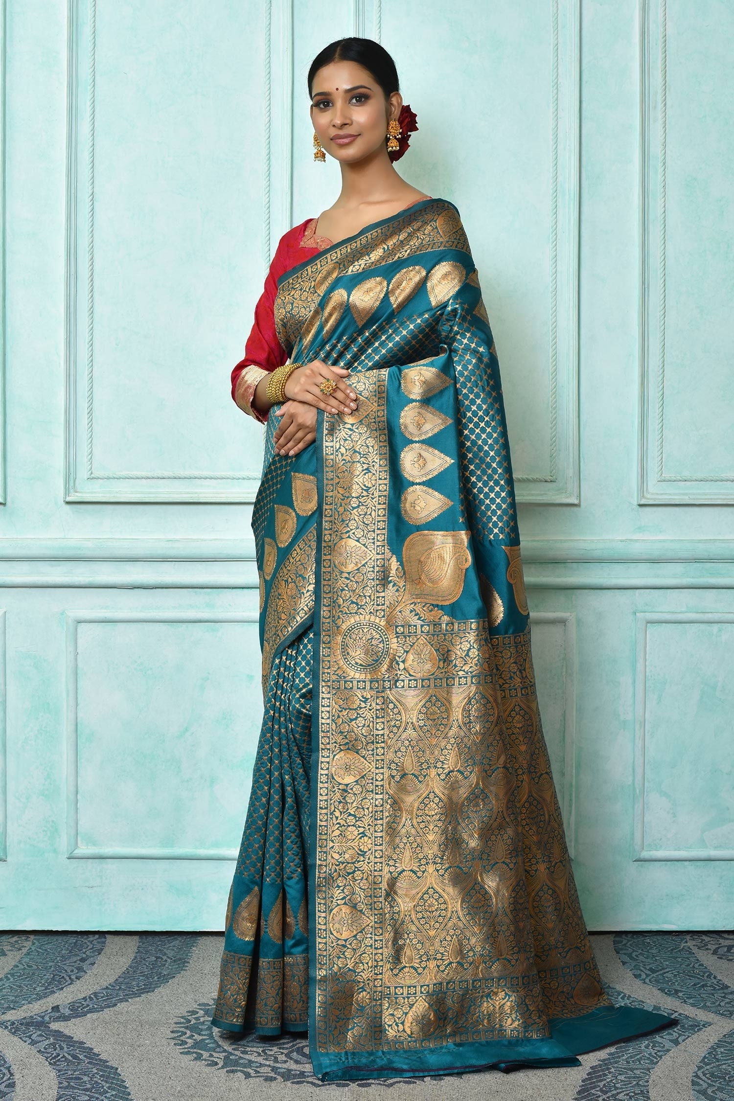 Buy Blue Silk Blend Woven Floral And Drop & Saree With Running Blouse ...