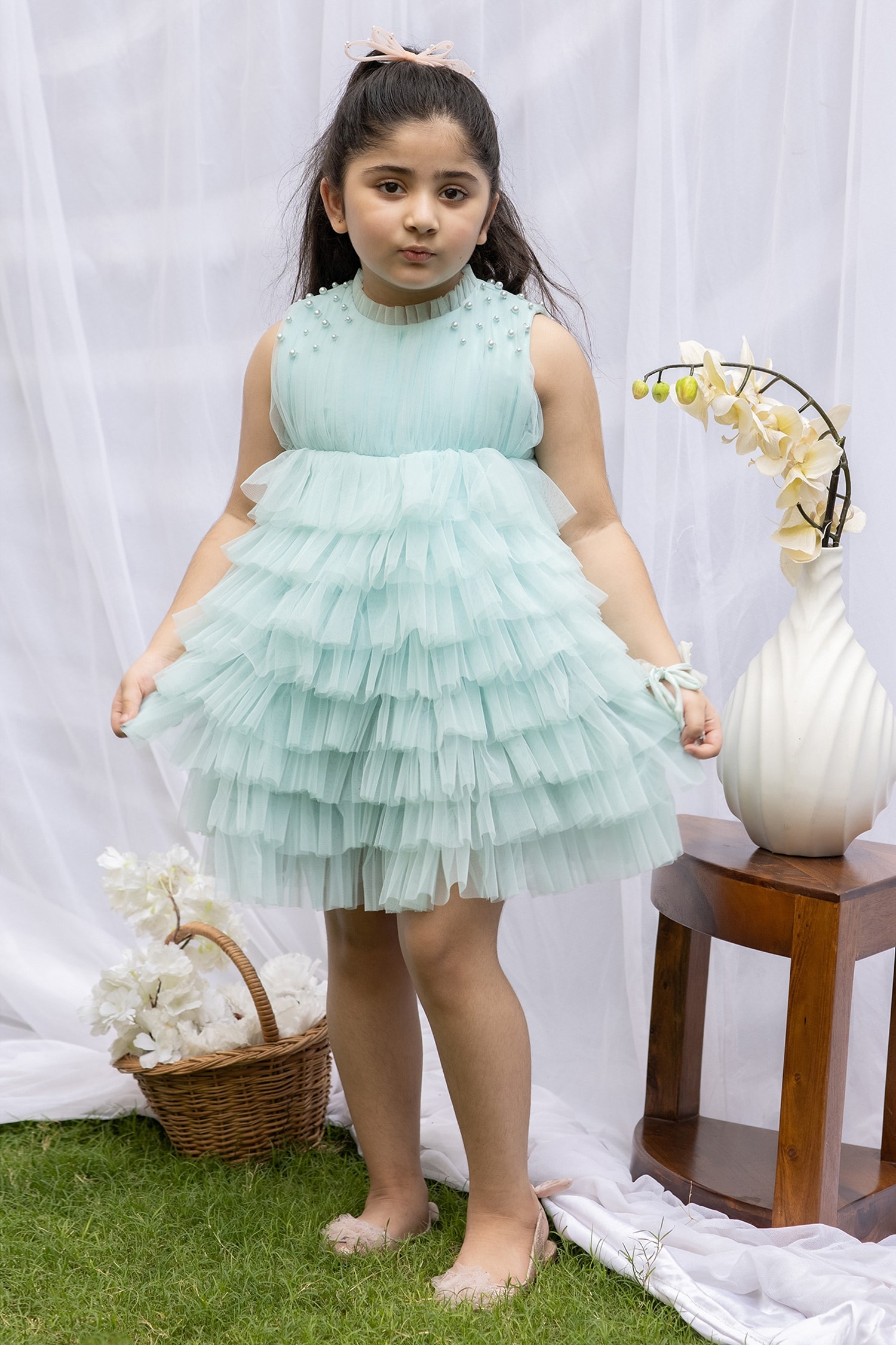 Buy Blue Net Embellishment Pearls Ruffled Tiered Dress For Girls by ...