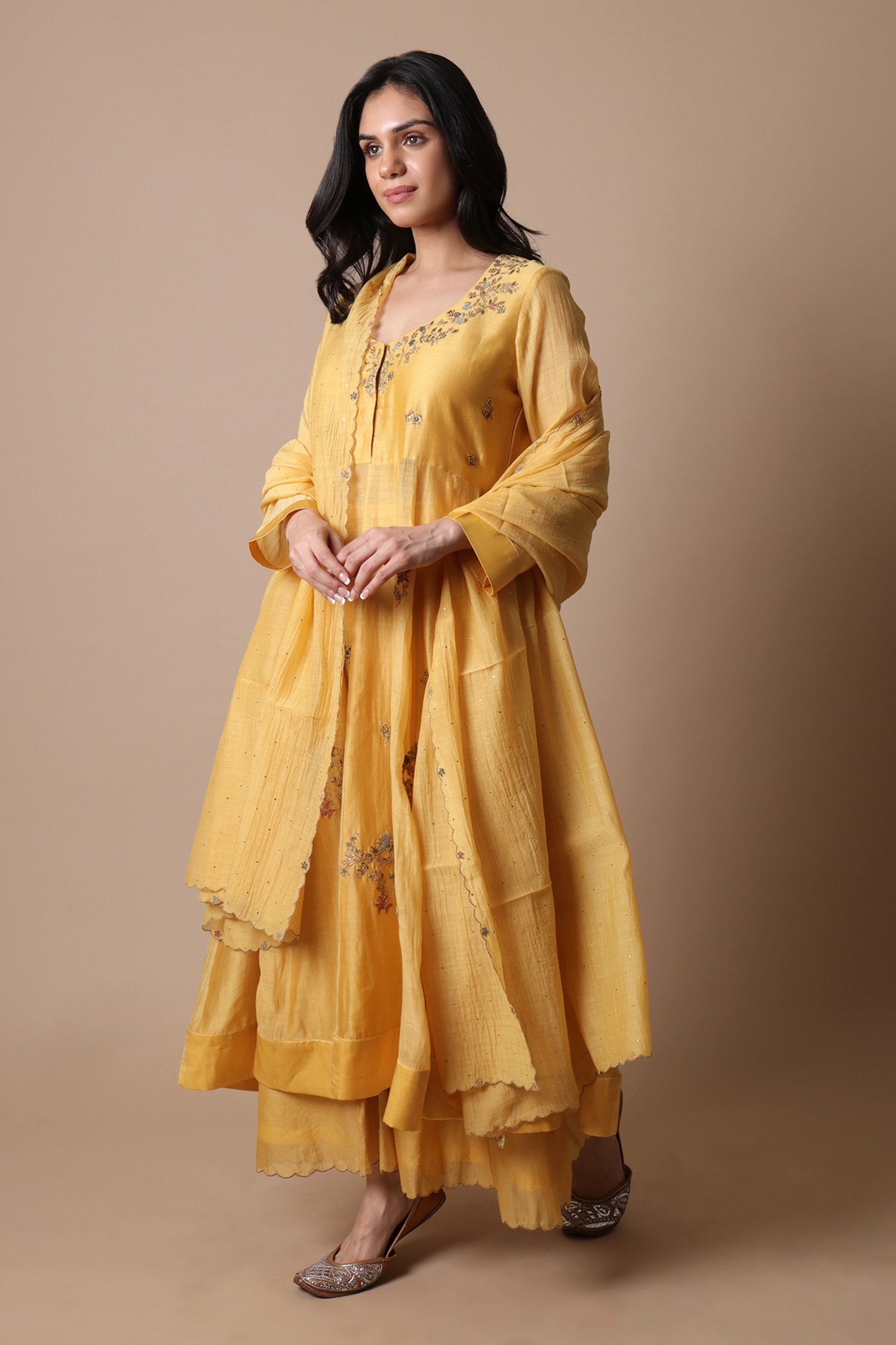 Buy Yellow Anarkali Chanderi Silk Embroidery Zari Floral Afra Set For ...